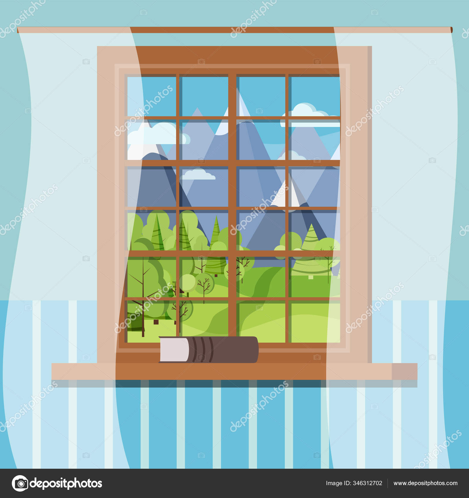 Wooden Room Window Frame Book Tulle Cartoon Flat Style Window Stock ...