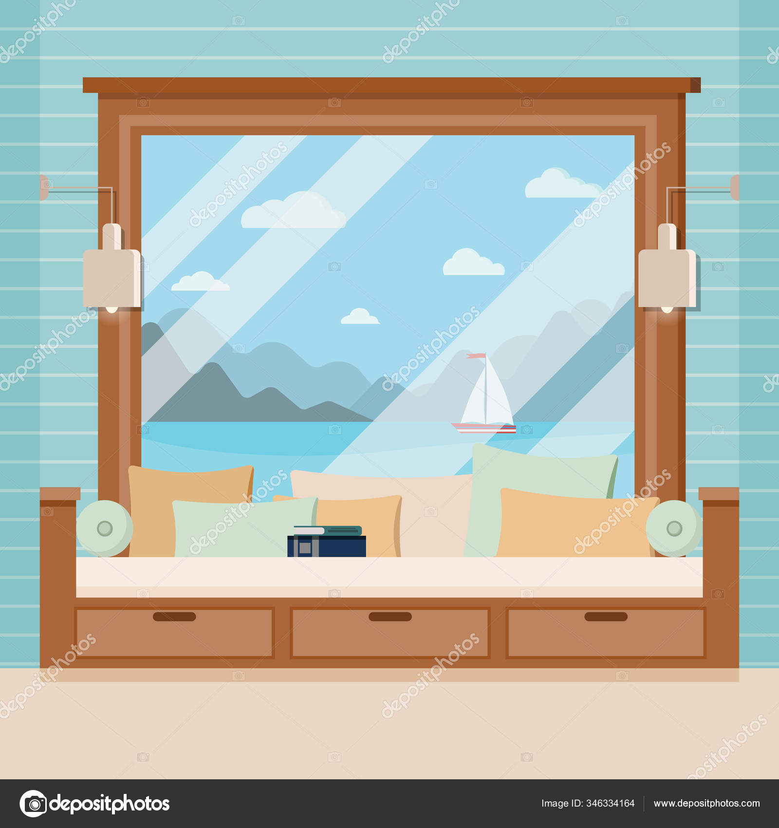 Wooden Room Window Frame Book Pillows Cartoon Flat Style Window — Stock ...