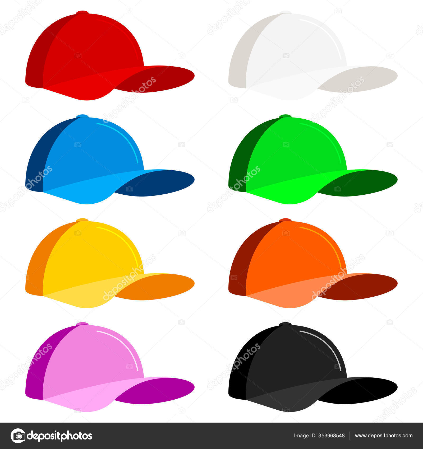 Baseball Cap Icon Set Isolated White Background Flat Style Vector Stock ...