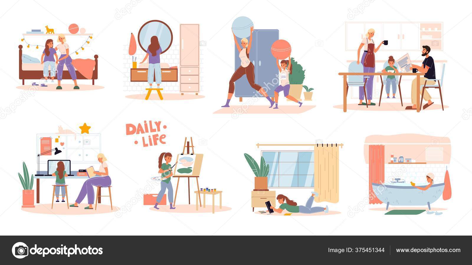 Family children daily routine activities scene set Stock Vector Image ...