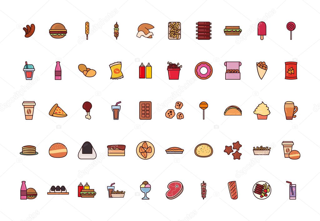 Línea de comida rápida aislada y diseño de vectores de iconos de estilo ...