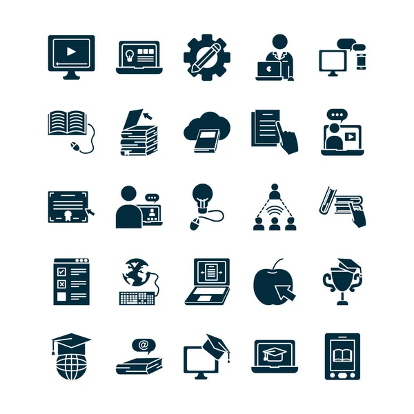 Technology devices and online education icon set, half line half color ...