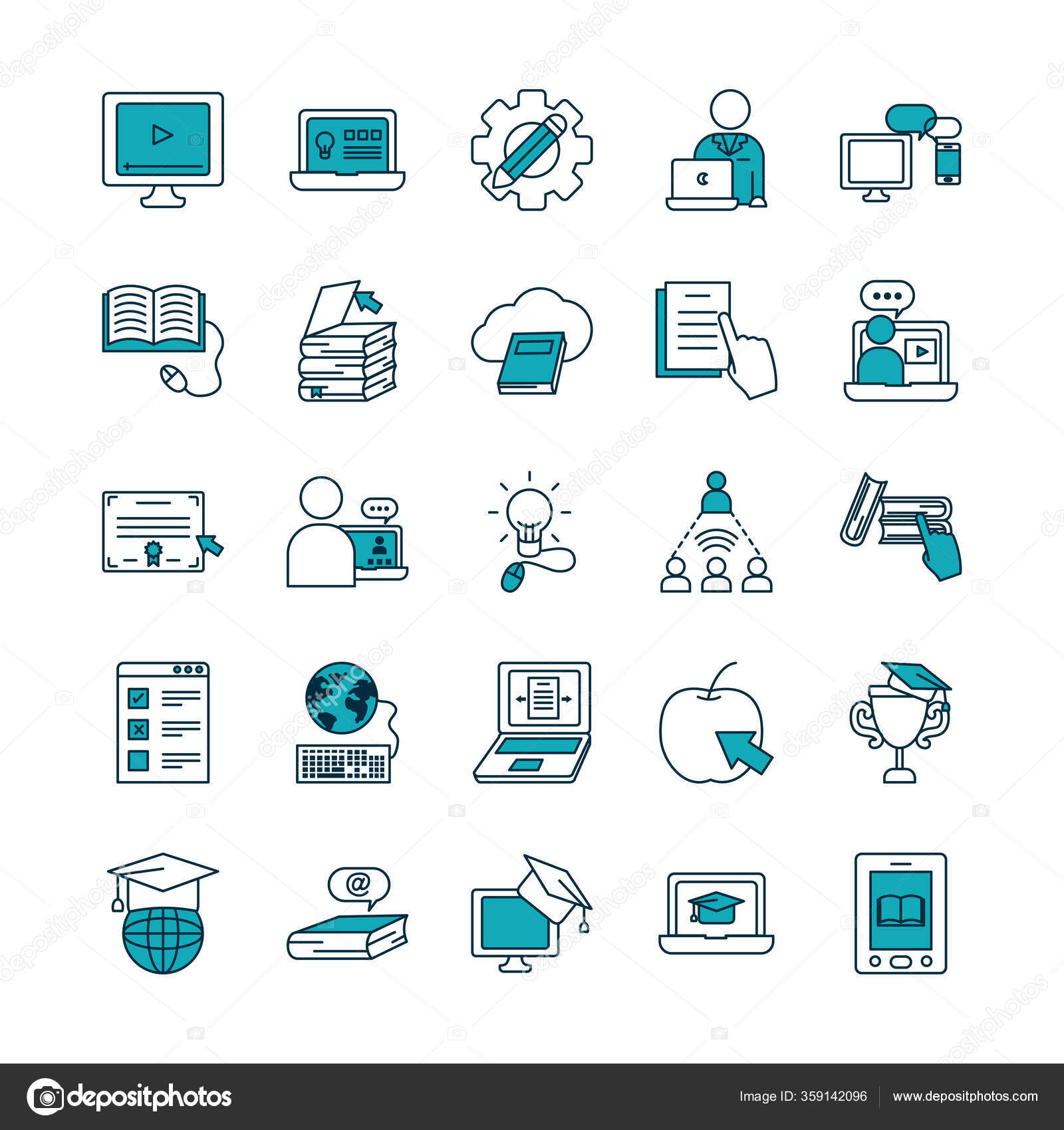 Technology devices and online education icon set, half line half color ...