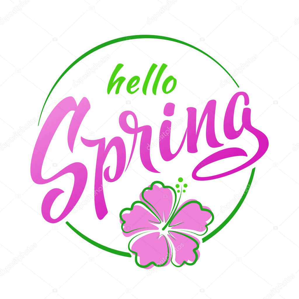 Hola Primavera mano bosquejado círculo logotipo con flor. Plantilla de ...