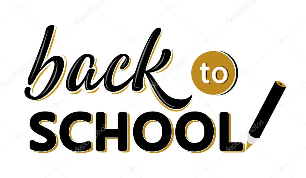 De vuelta a la escuela letrero con un lápiz. Texto en blanco y negro ...