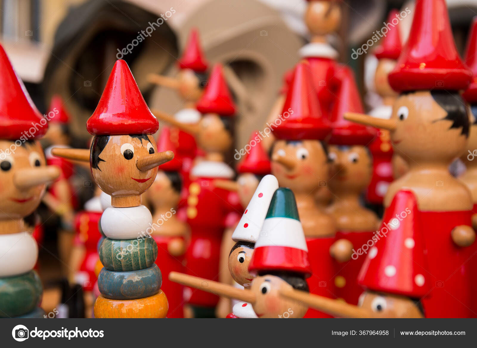 Wooden Puppet Set Long Nose Red Hats — Stock Photo © Eloy_CM #367964958