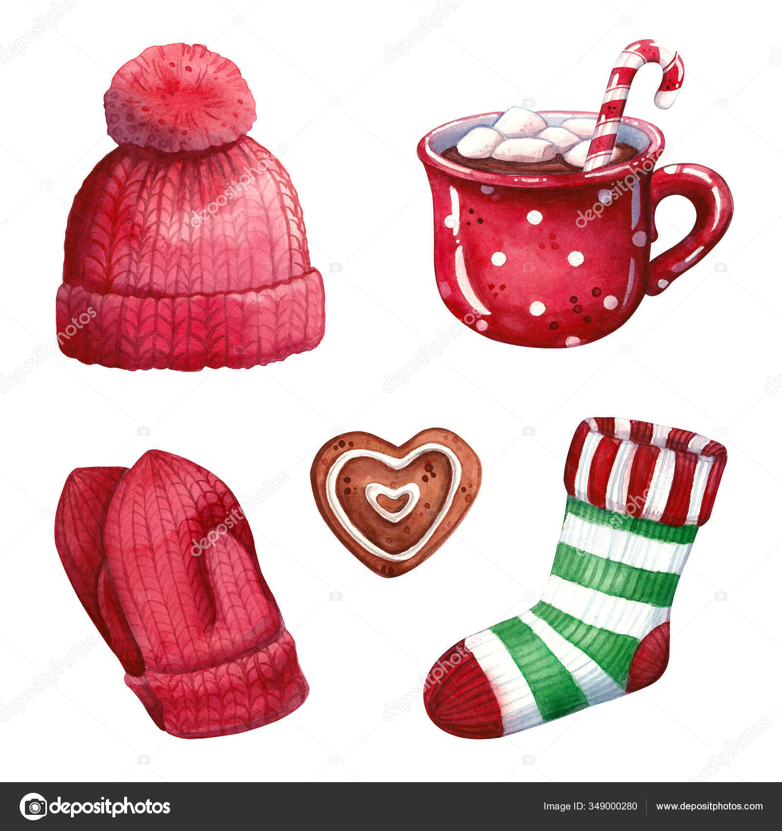 Hand Drawn Watercolor Illustration Set Mug Hot Chocolate Marshmallows ...