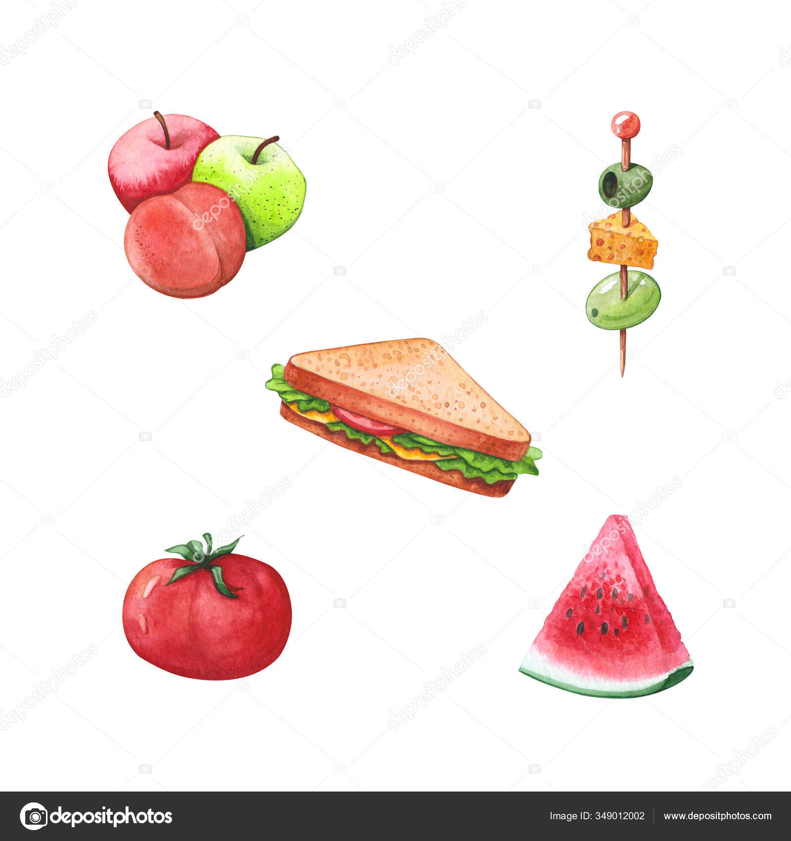 Hand Drawn Watercolor Clipart Set Sandwich Fruits Vegetables Snack ...