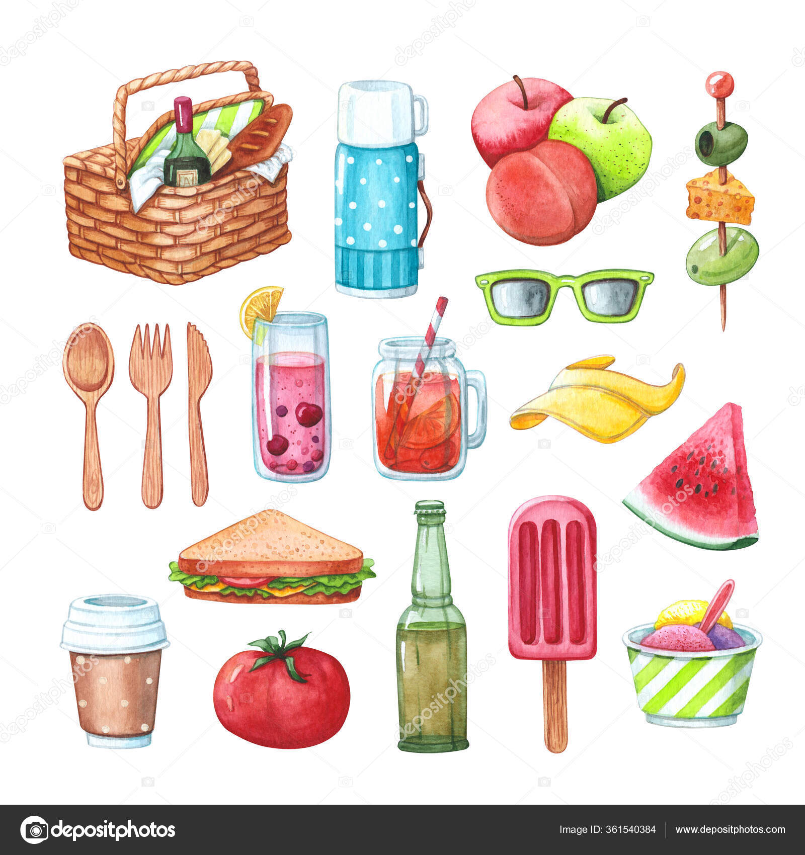Hand Drawn Watercolor Clipart Set Summer Picnic Elements Isolated White ...