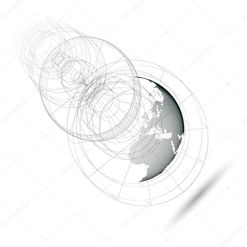 Dotted world globe, isolated abstract construction, connecting lines on ...