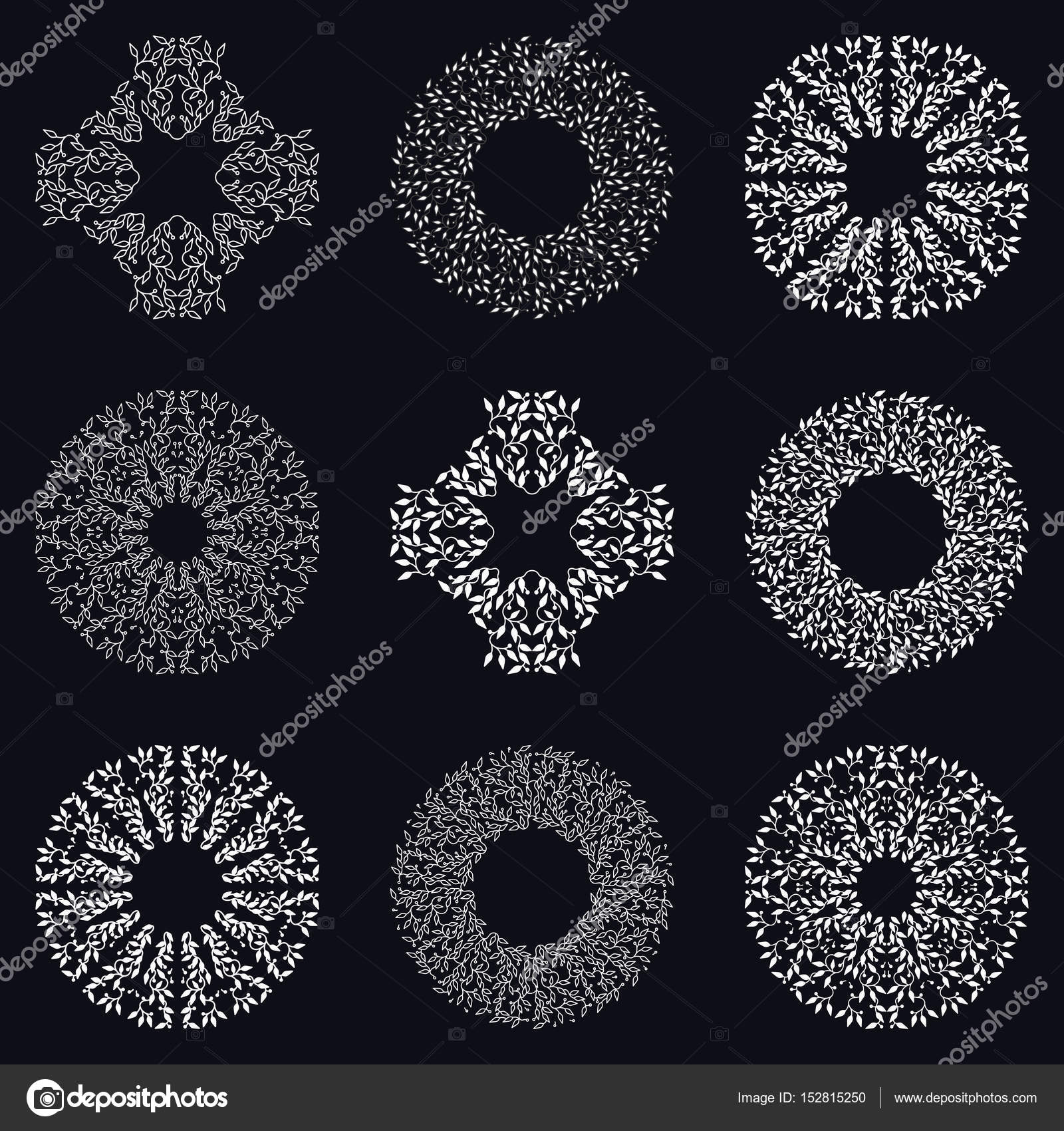 White color frame design, isolated templates, black background. Circle ...