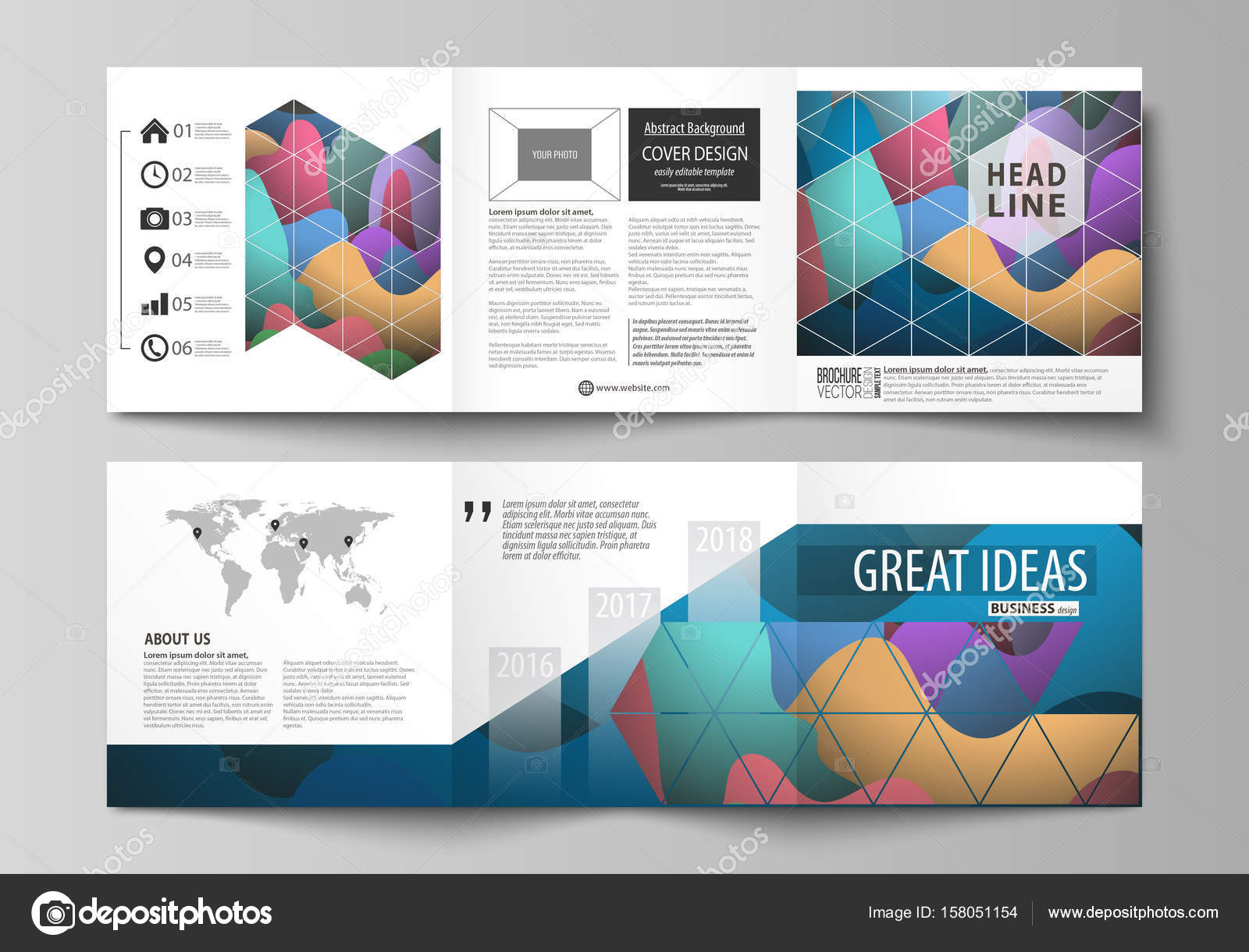 Set of business templates for tri fold square brochures. Leaflet cover ...