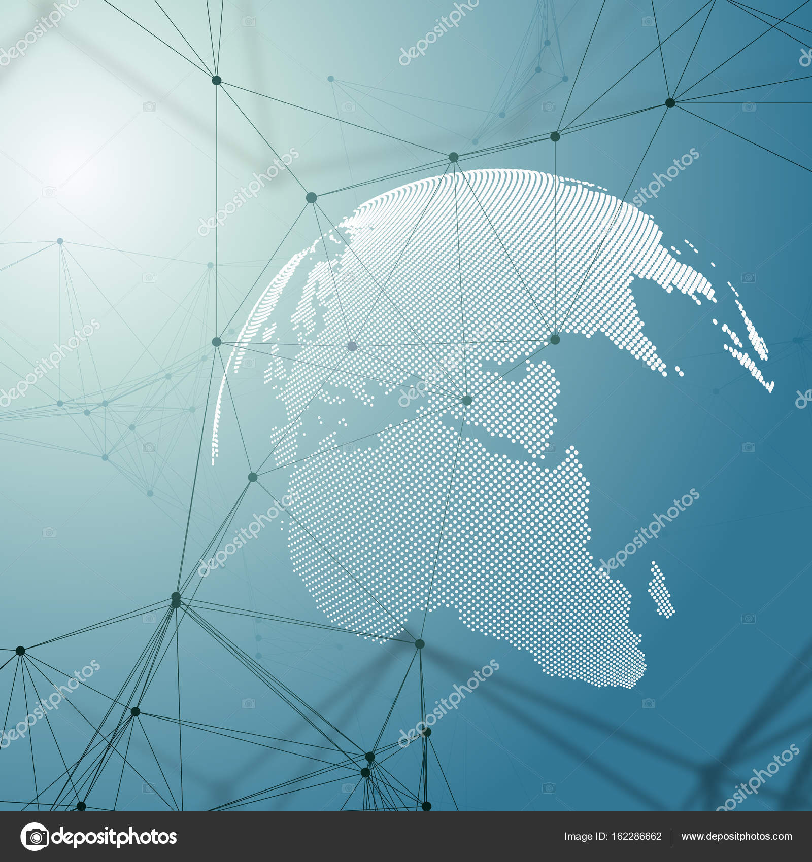 Dotted world map with chemistry pattern, connecting lines and dots ...