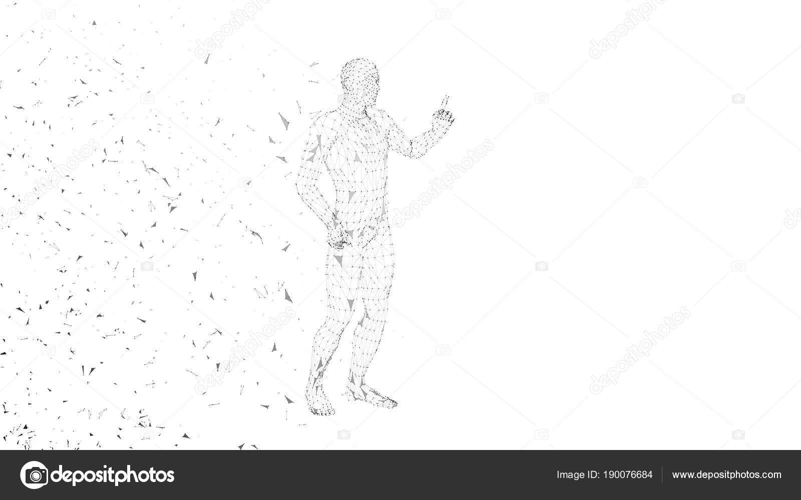 Conceptual abstract man pointing finger up. Connected lines, dots ...