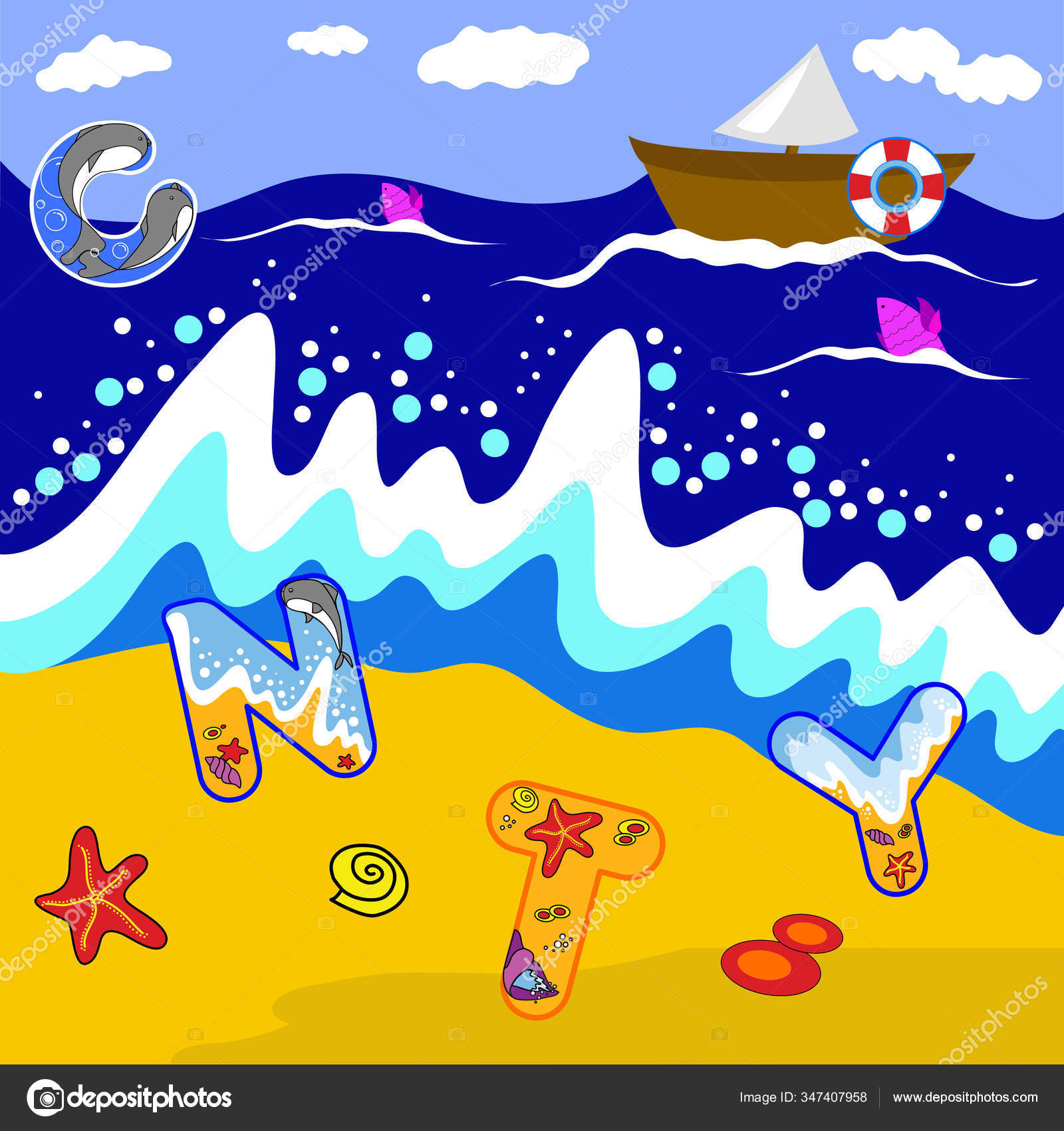 Sea Blue Alphabet Background Vector Set Nature Concept Find Letter ...