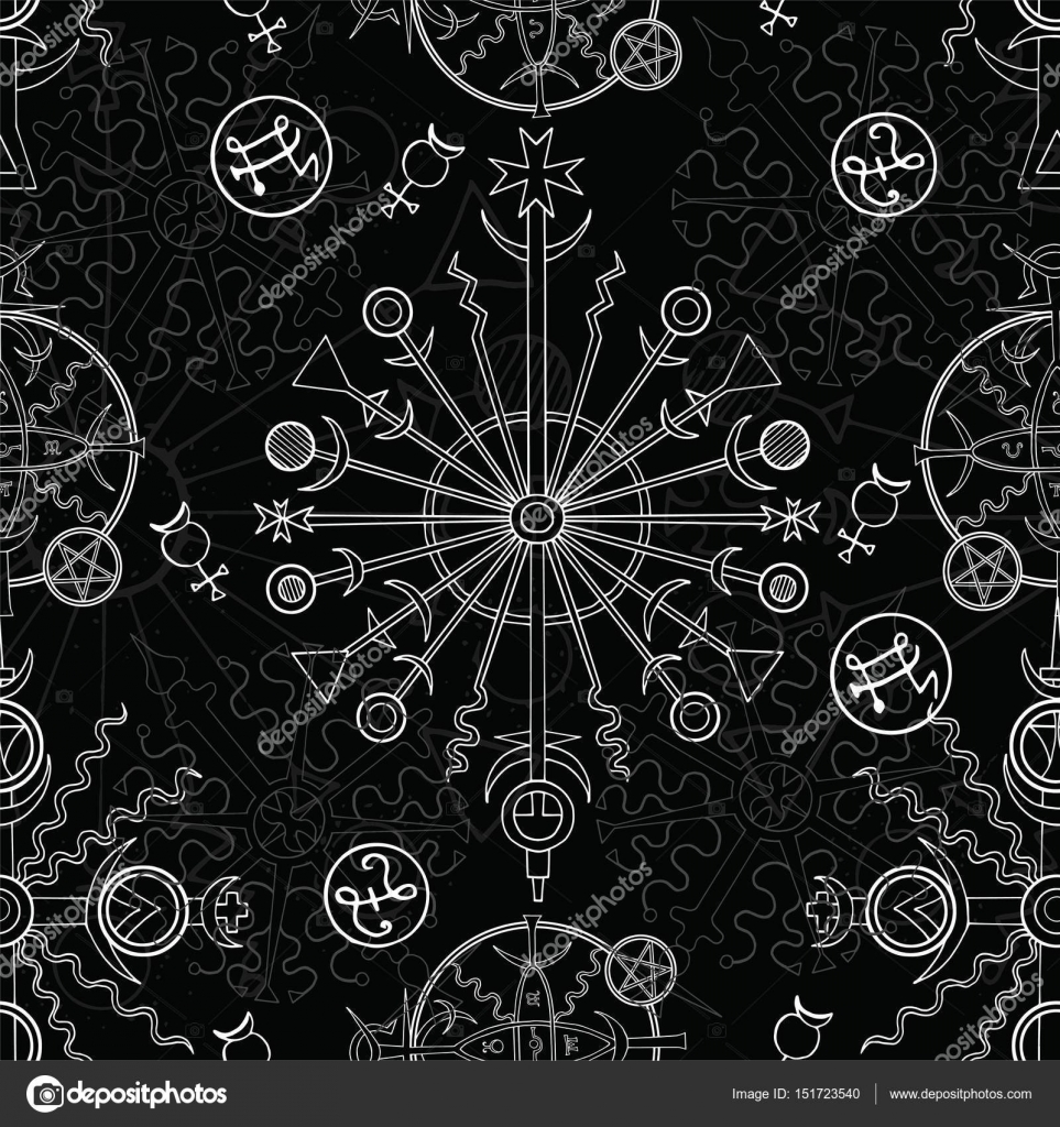 Seamless background with white mystic and occult symbols on black — Stock Vector © Samiramay ...