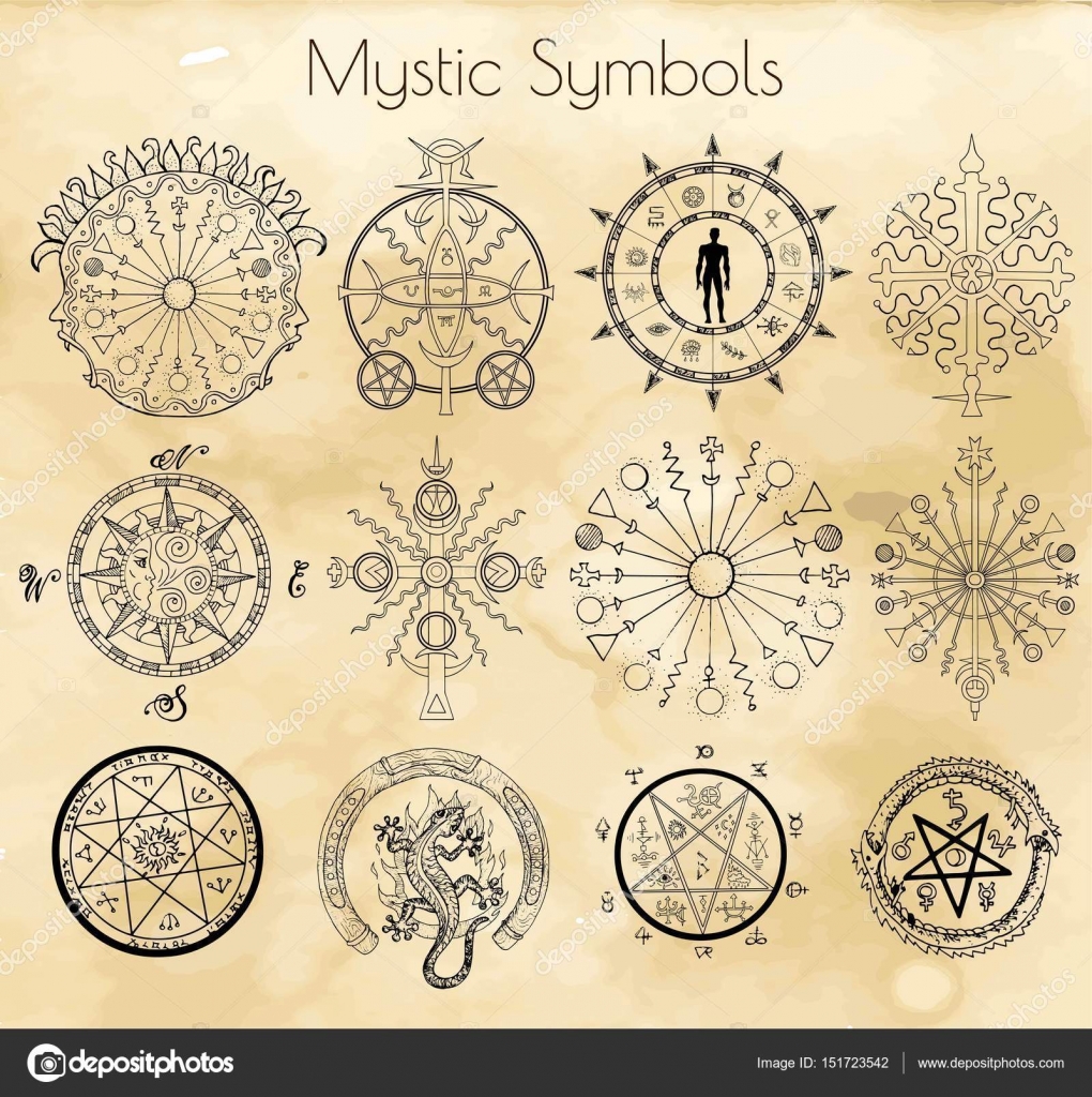 Big set with mystic and occult symbols on textured background — Stock ...