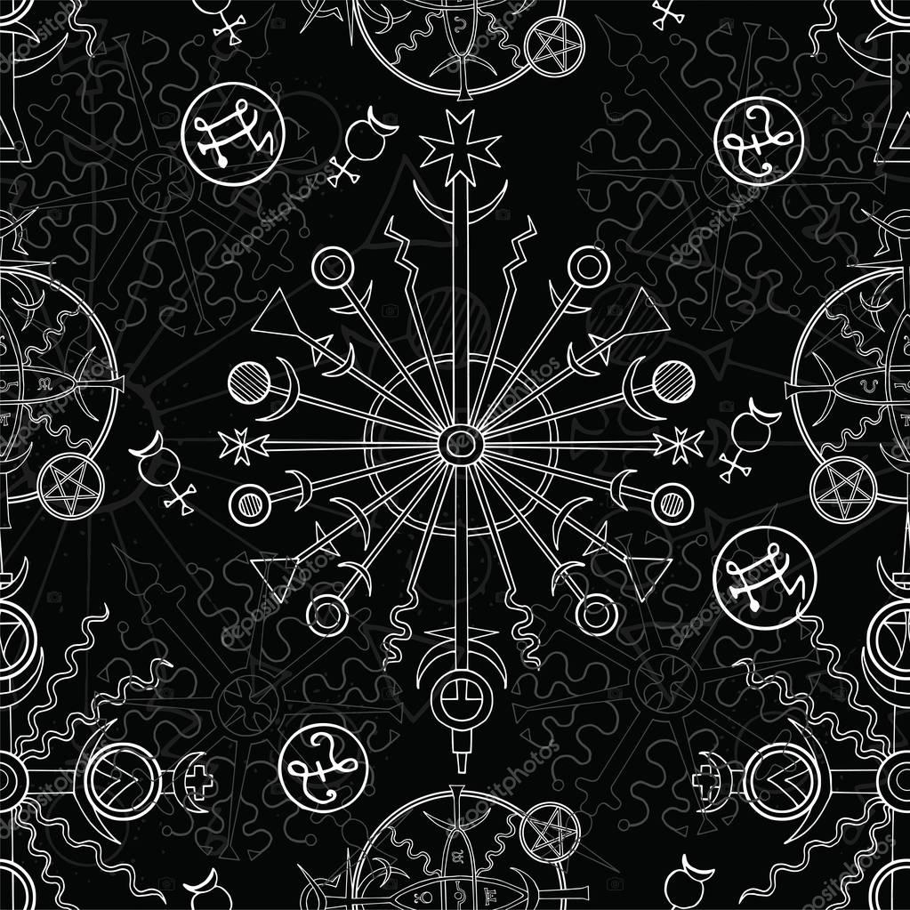 Seamless background with white mystic and occult symbols on black ...