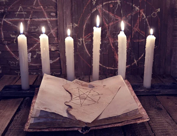 Mystic ritual with burning candles, magic mirror, flowers and the tarot ...