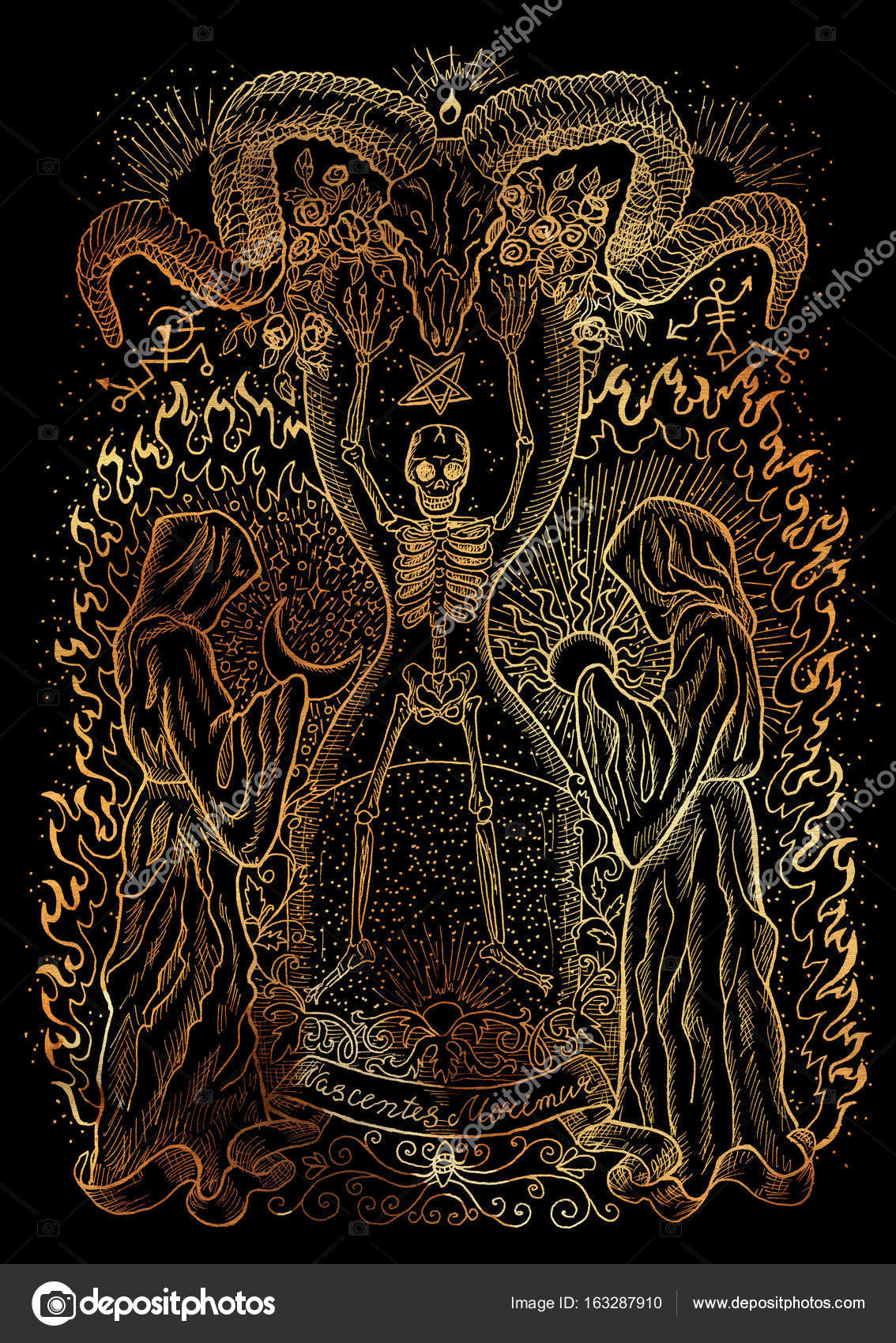 Mystic illustration with human skeleton in sandglass, monks with sun ...