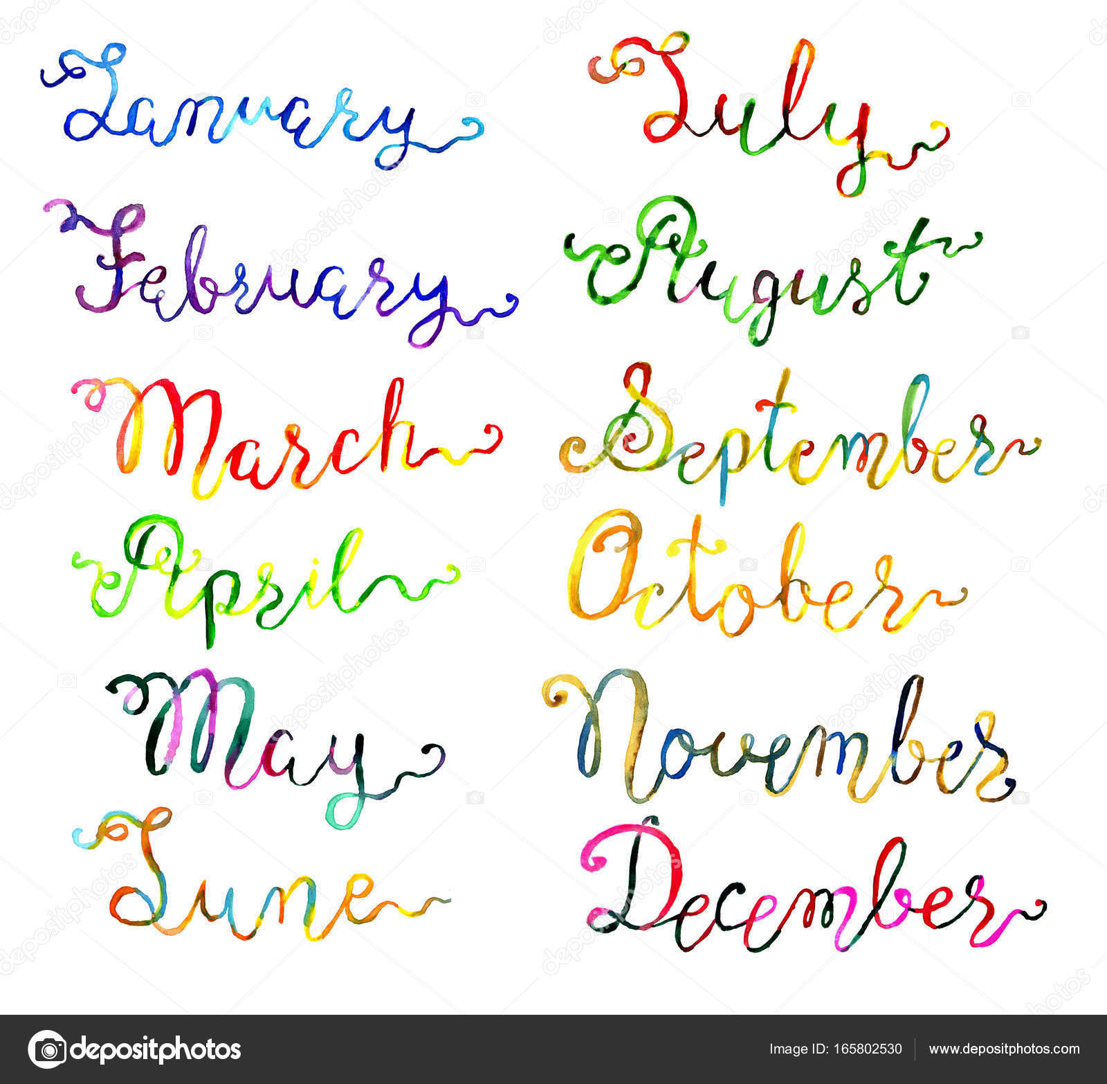 Set with hand drawn watercolor calligraphic lettering of 12 months ...