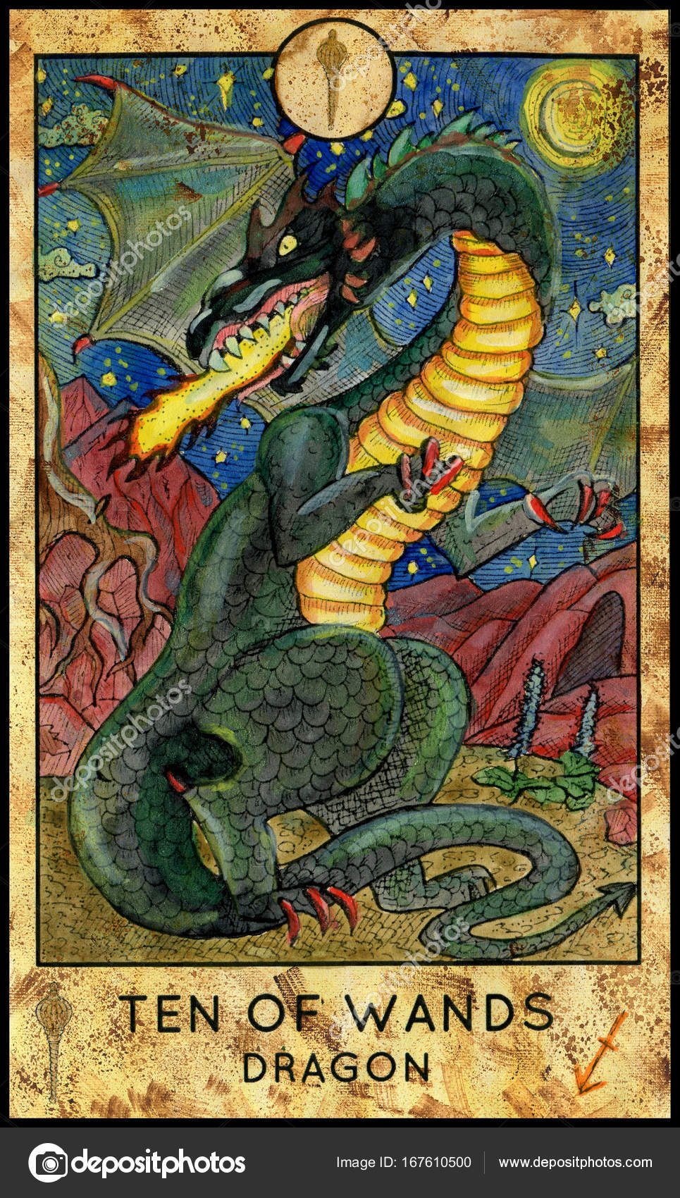 Dragon. Minor Arcana Tarot Card. Ten of Wands. Stock Photo by ...