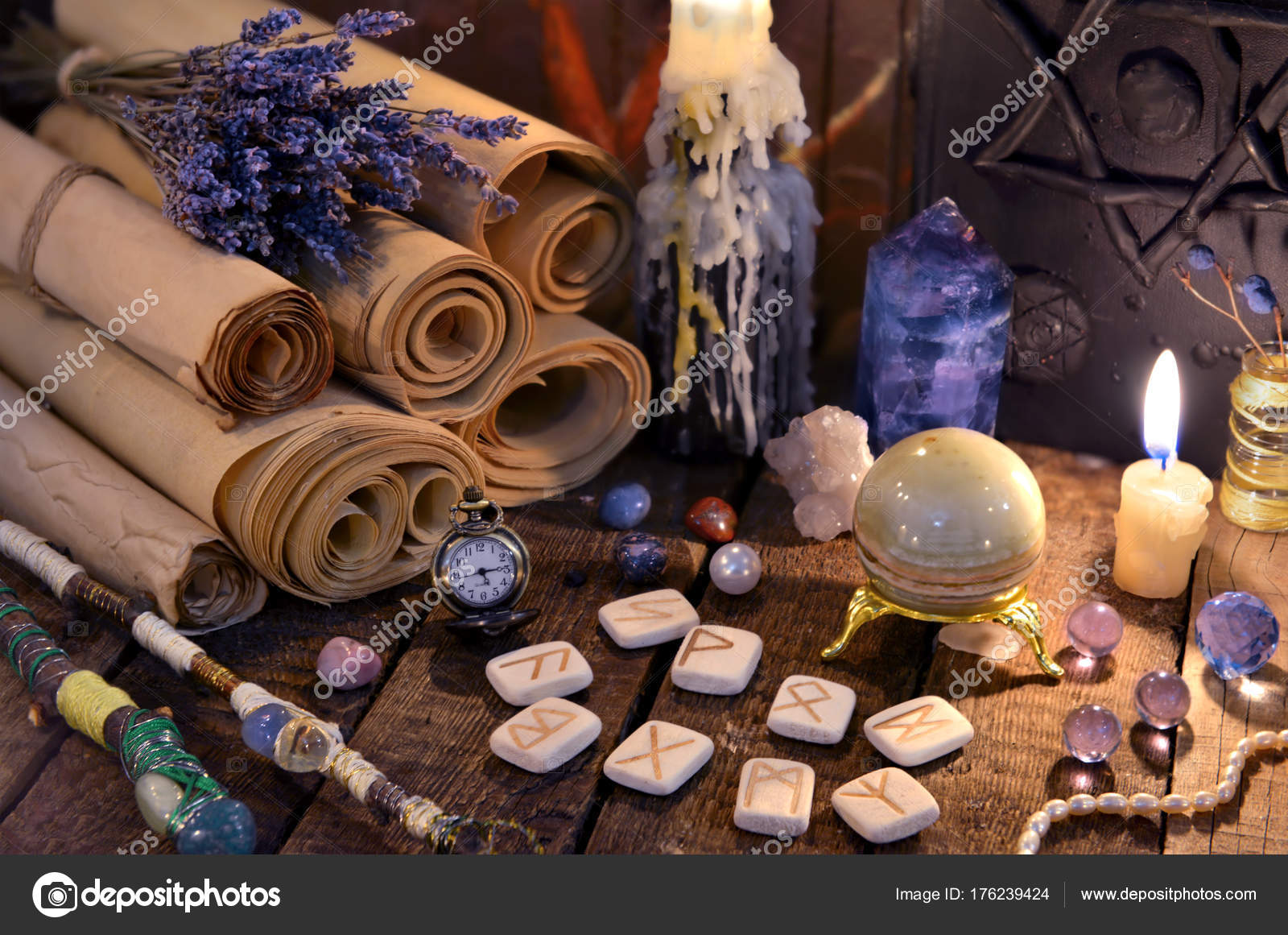 Ancient Paper Scrolls Runes Magic Crystals Occult Esoteric Divination ...