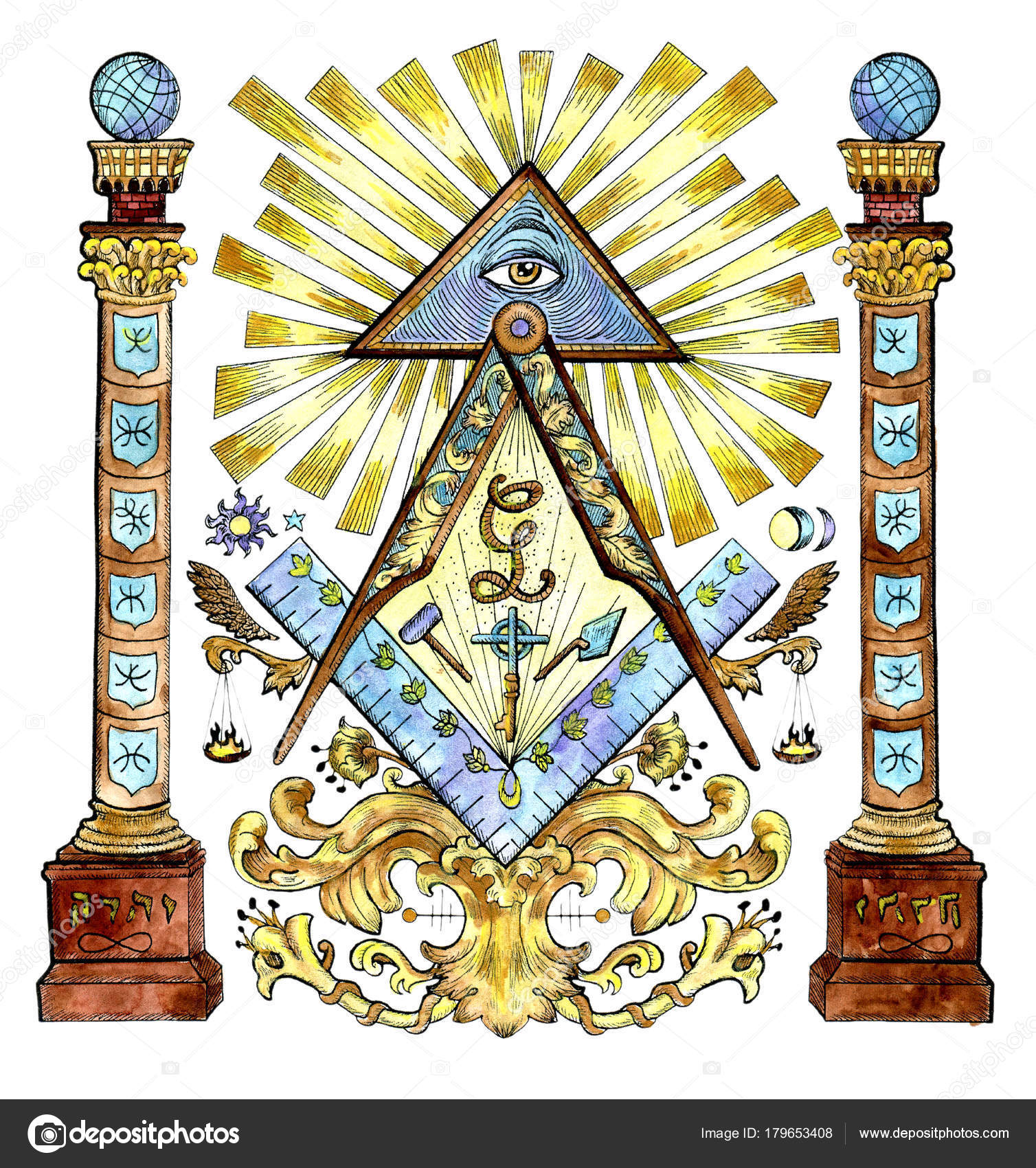 Watercolor Illustration Freemason Mysterious Symbols Isolated White ...