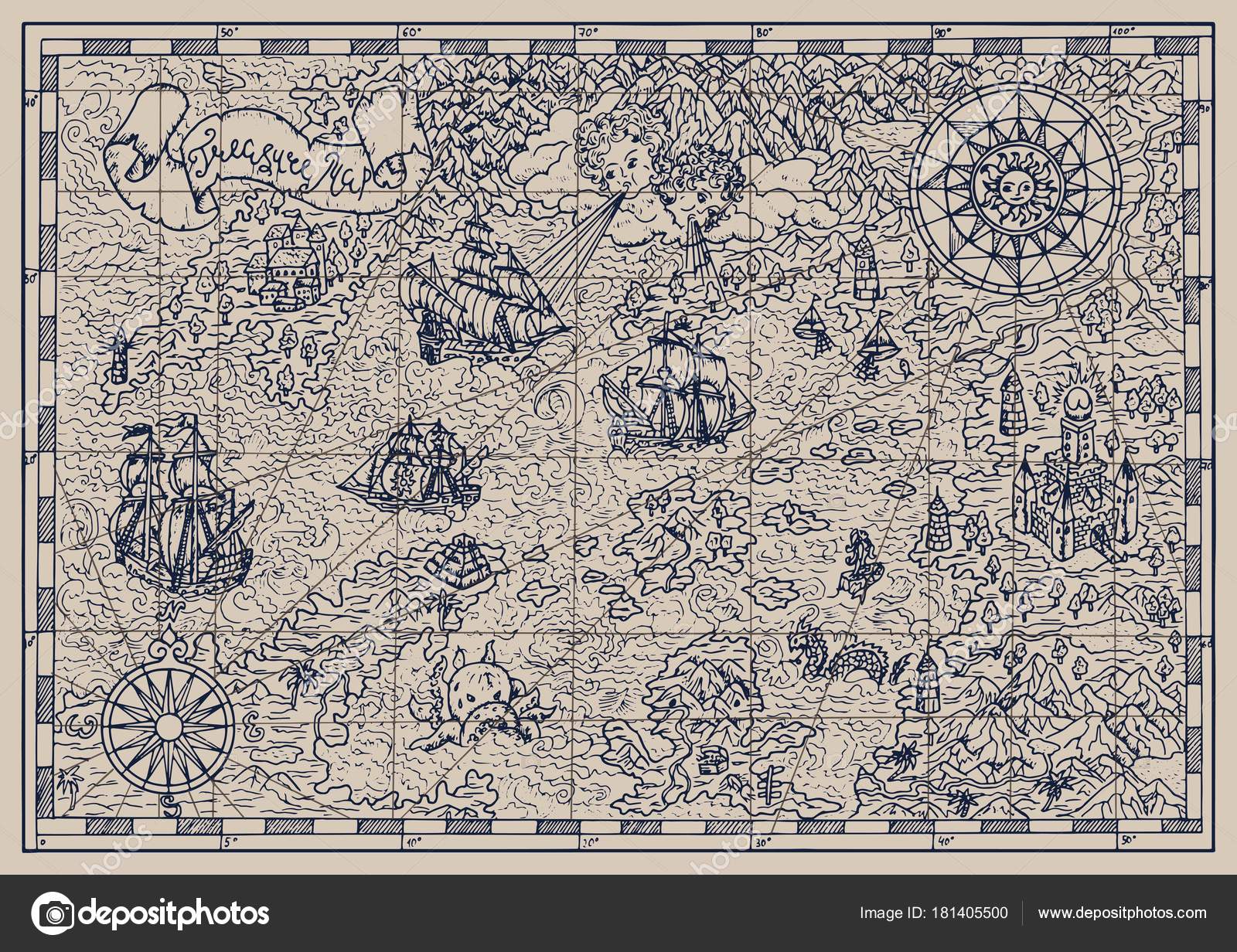 Pirate Map Mythological Creatures Old Vessels Compass Treasure Islands ...