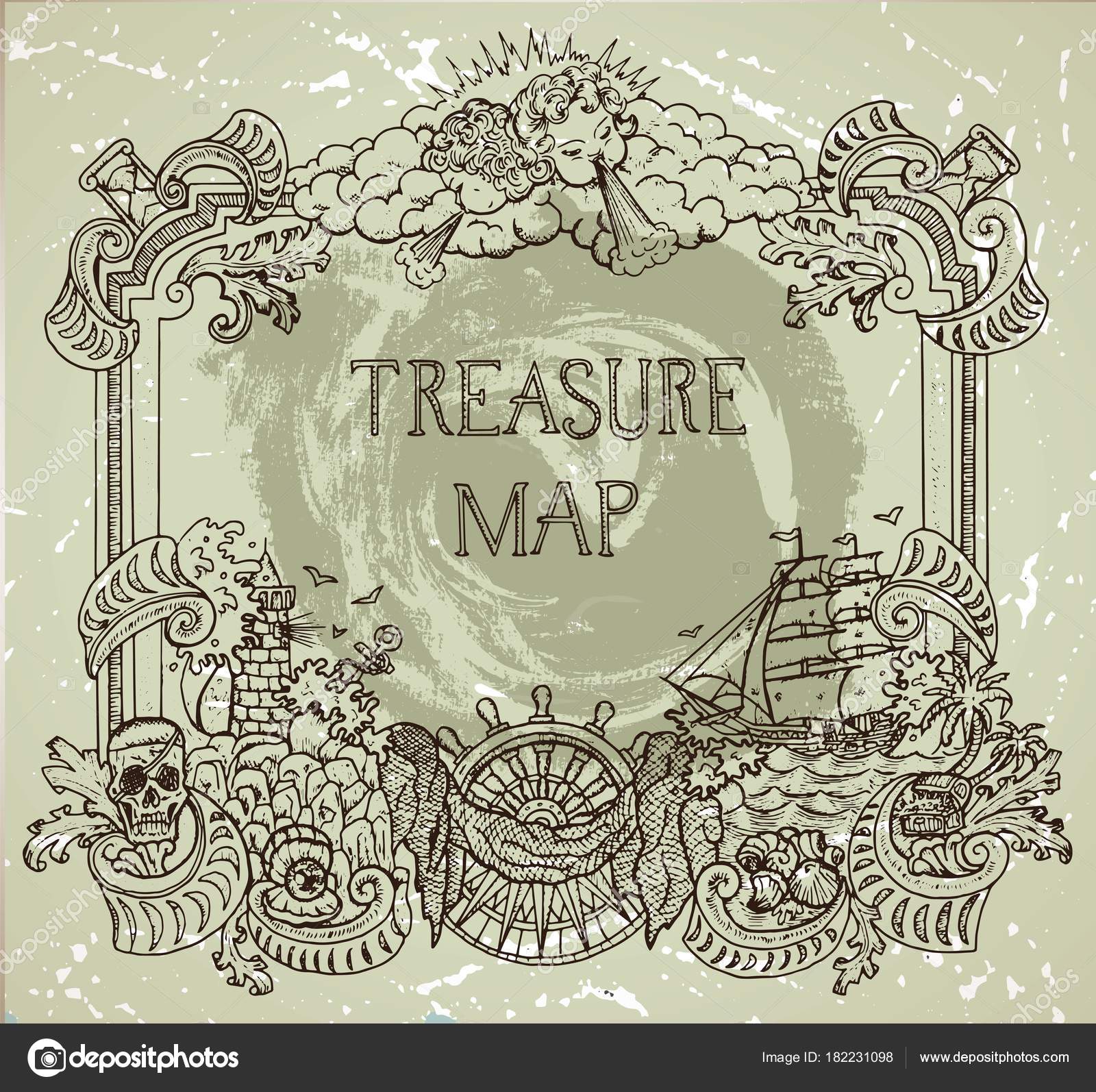 Hand Drawn Decorative Frame Pirate Treasure Concept Old Ships Treasure ...