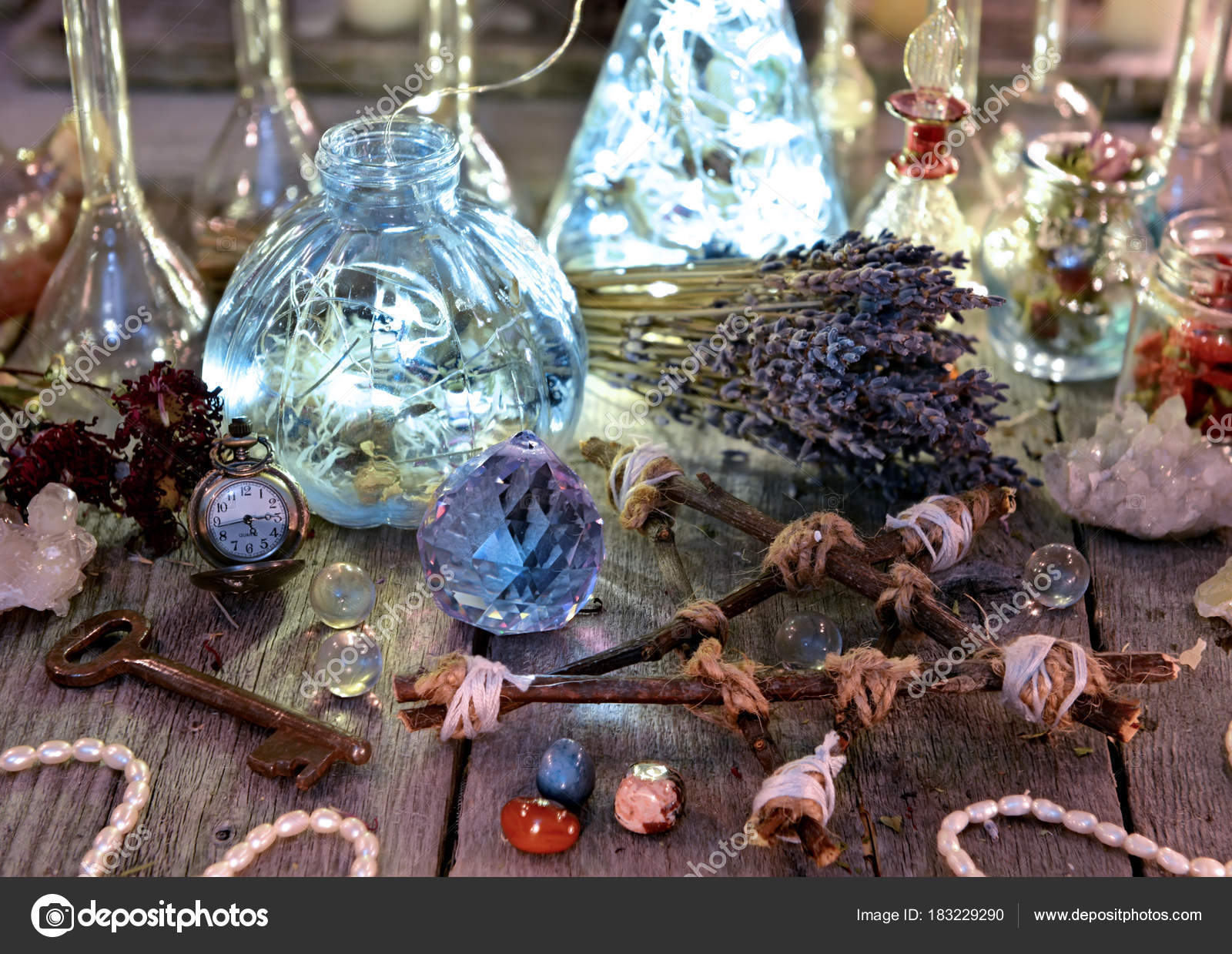 Magic Bottles Lights Pentagram Crystal Ritual Objects Witch Table ...