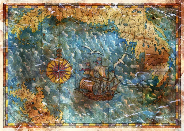 Ancient map with treasures hunt concept, old pirate ship and compass ...