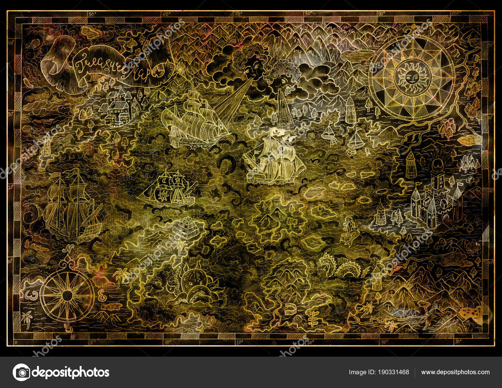 Beautiful Map Fantasy Lands Pirate Ships Monsters Treasure Islands ...