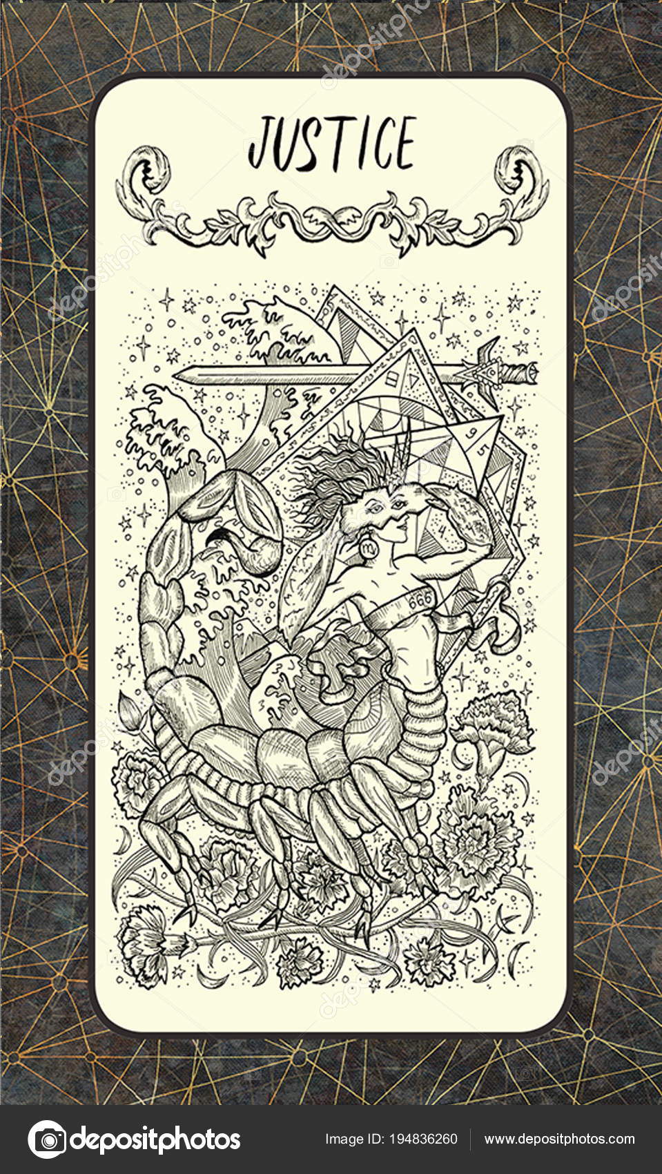 Justice Major Arcana Tarot Card Magic Gate Deck Fantasy Engraved Stock ...