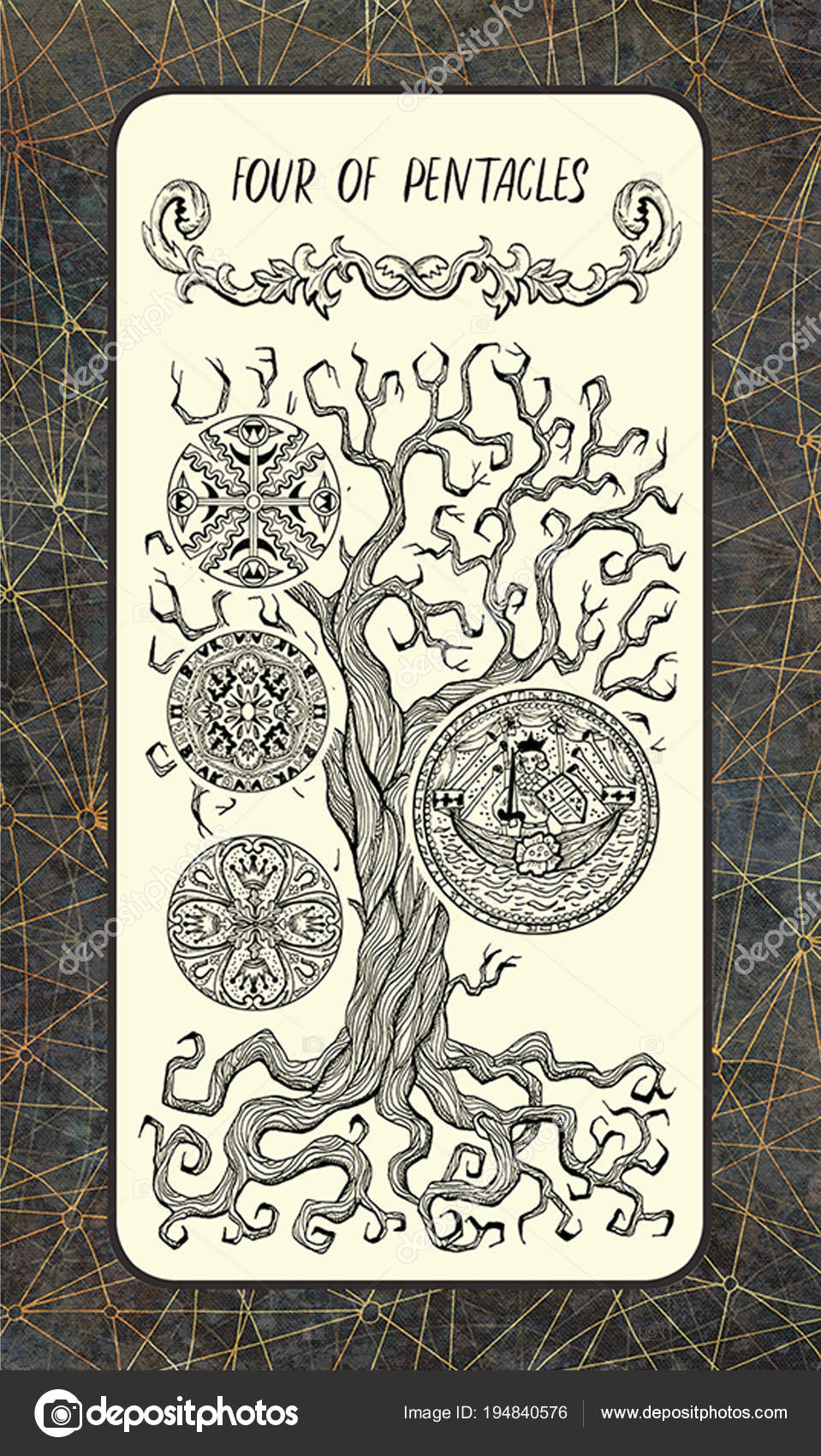 Four Pentacles Minor Arcana Tarot Card Magic Gate Deck Fantasy Stock ...