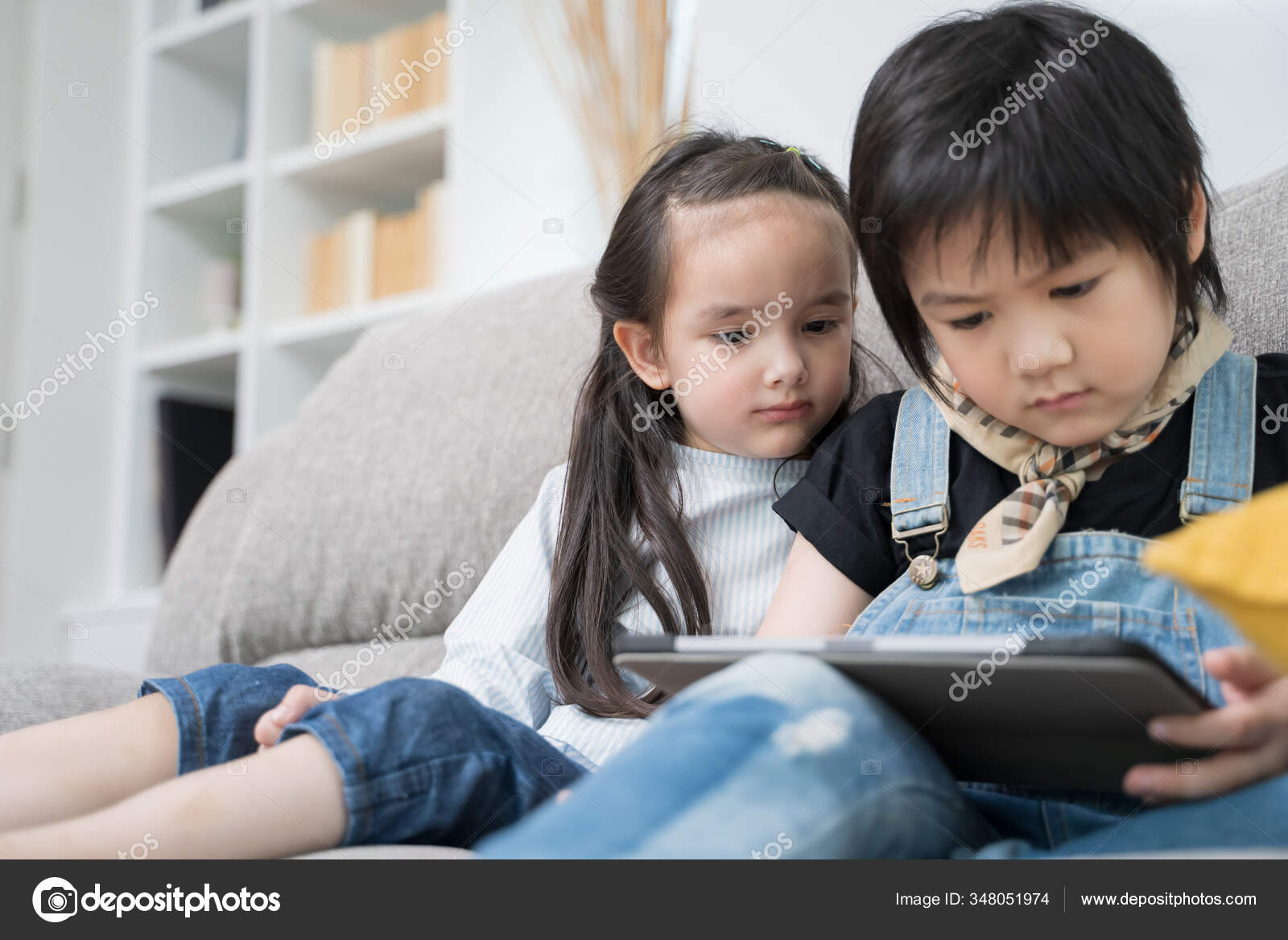 Children Playing Tablet Two Kids Playing Laptop Together Stock Photo by ...