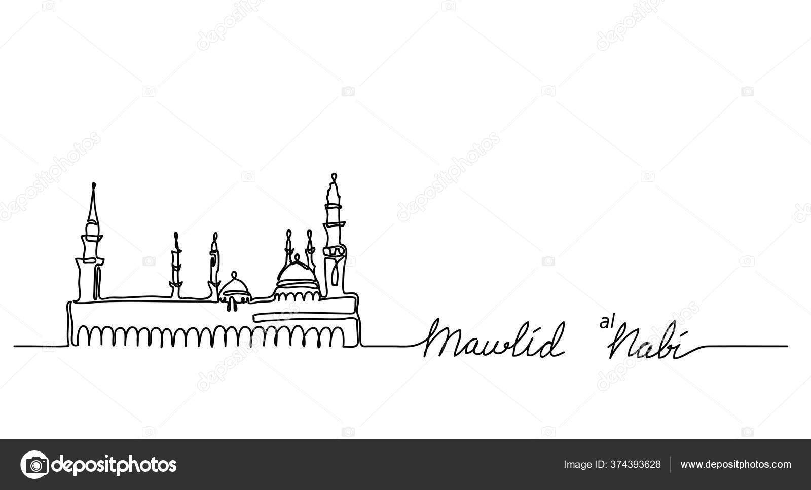 Mosque Nabawi outline, one continuous line drawing. Mawlid An Nabi ...