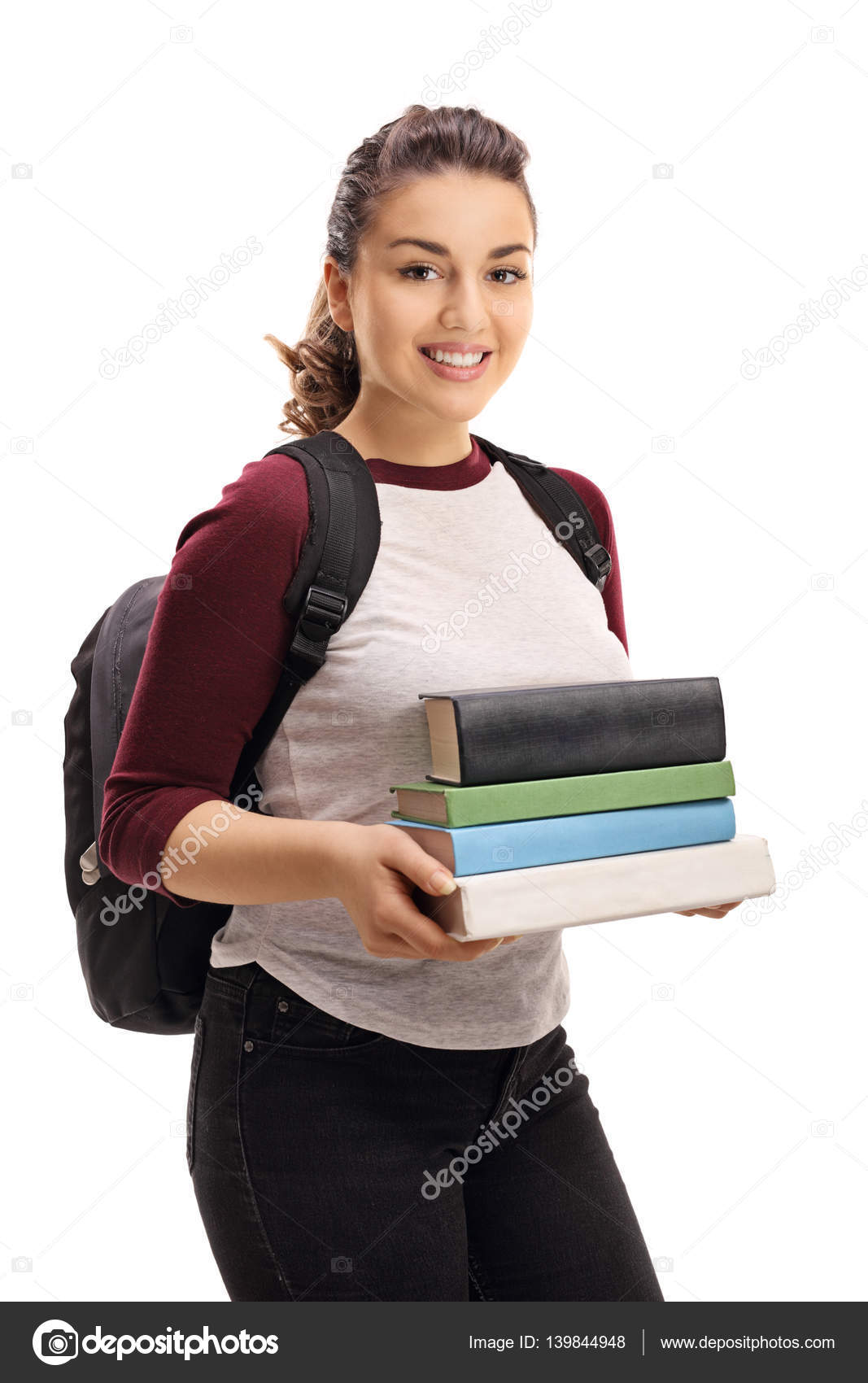 Estudiante mujer sosteniendo una pila de libros — Foto de stock ...