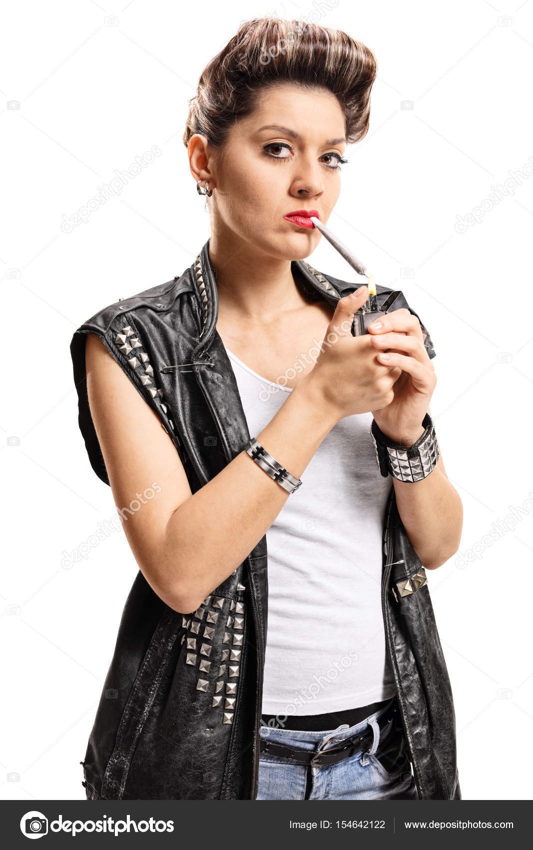 Female punker lighting up a joint with a lighter — Stock Photo ...