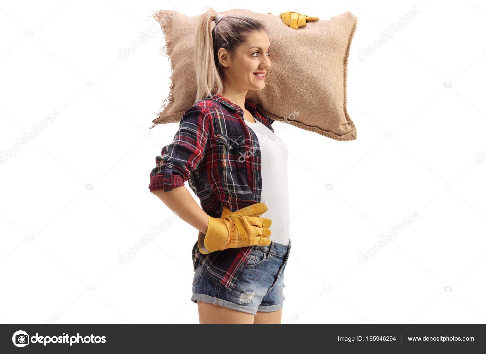 Female Farmer Holding Burlap Sack Isolated White Background — Stock ...