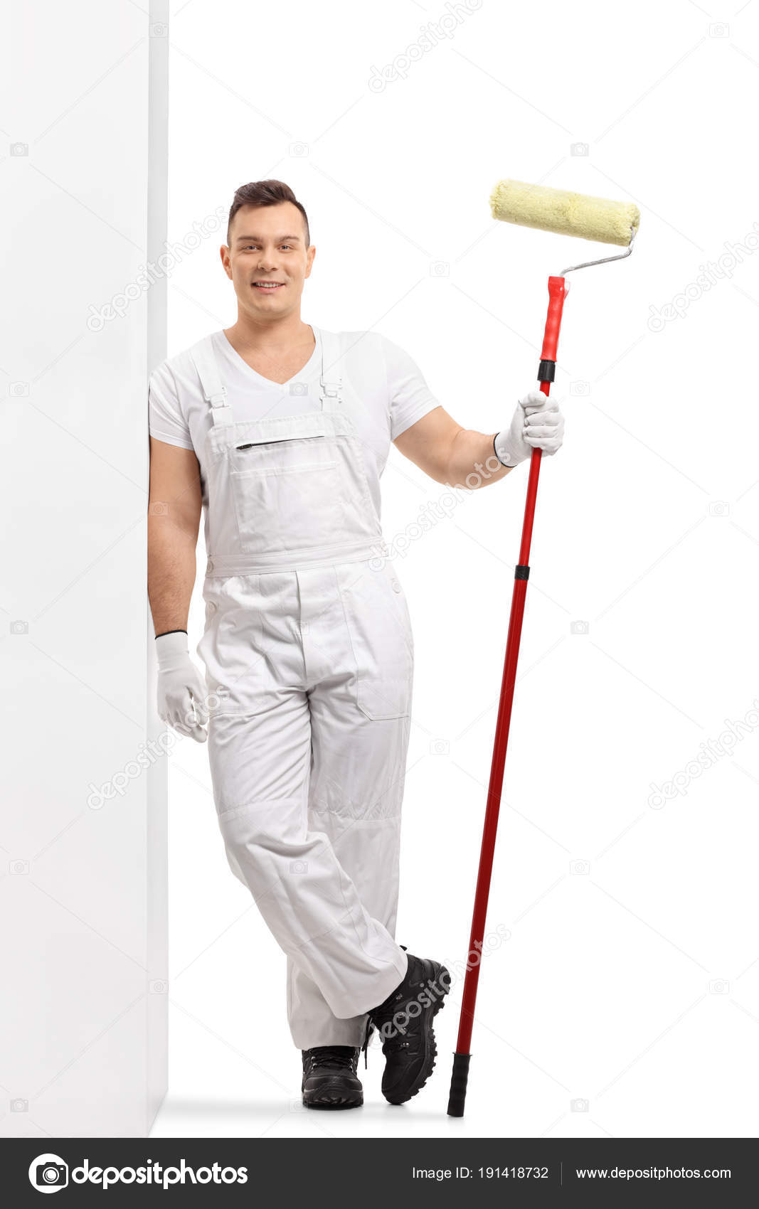 Full Length Portrait Painter Paint Roller Leaning Wall Isolated White ...