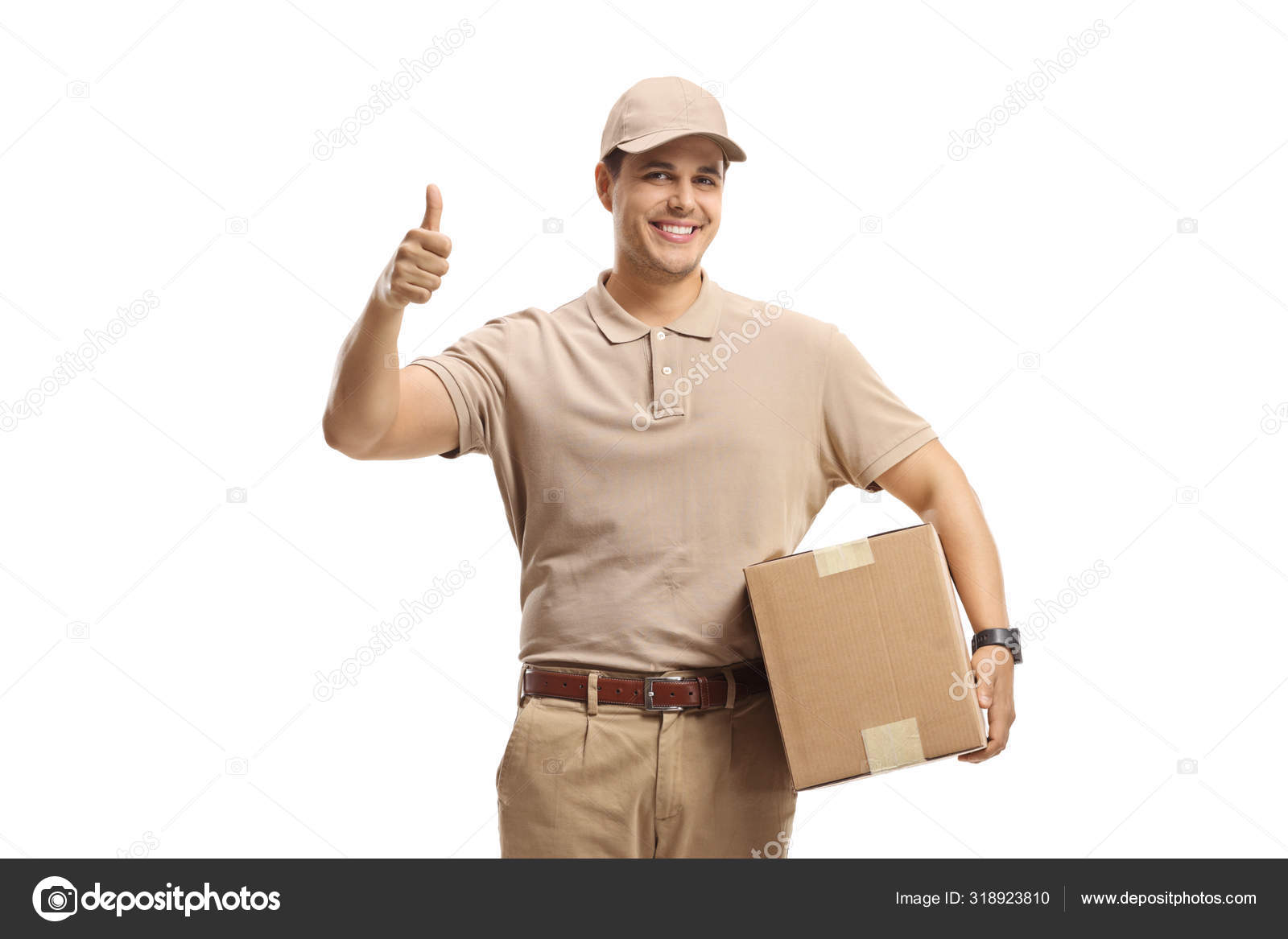 Postman holding a package and making a thumb up sign Stock Photo by ...
