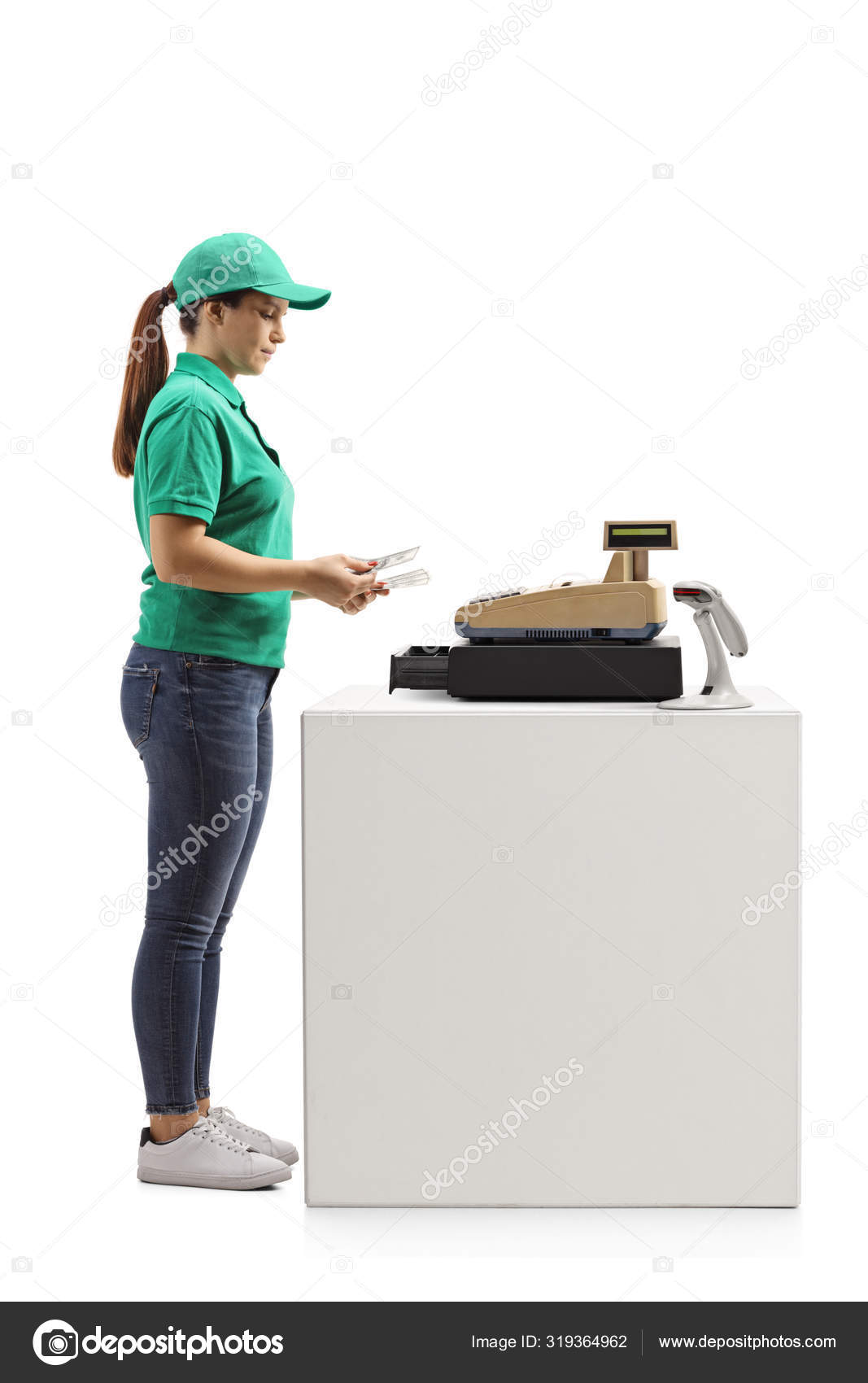 Female worker at a cash register counting money — Stock Photo ...