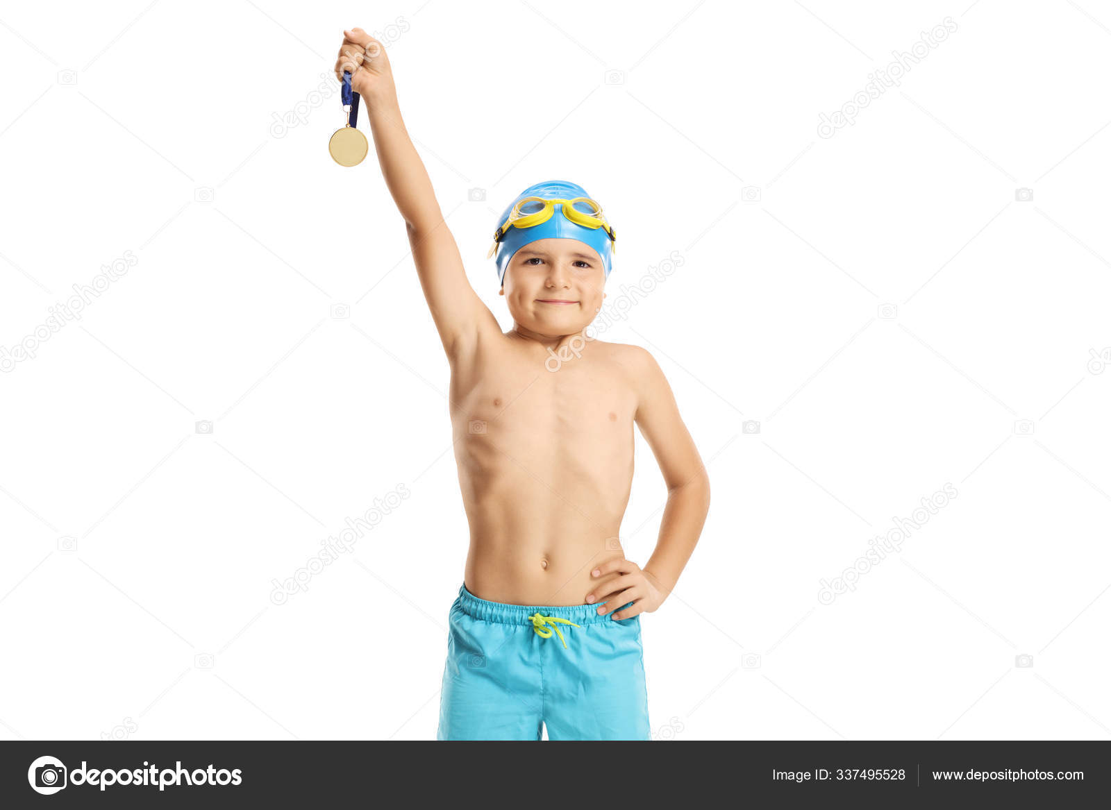 Winner swimmer child holding a gold medal Stock Photo by ...