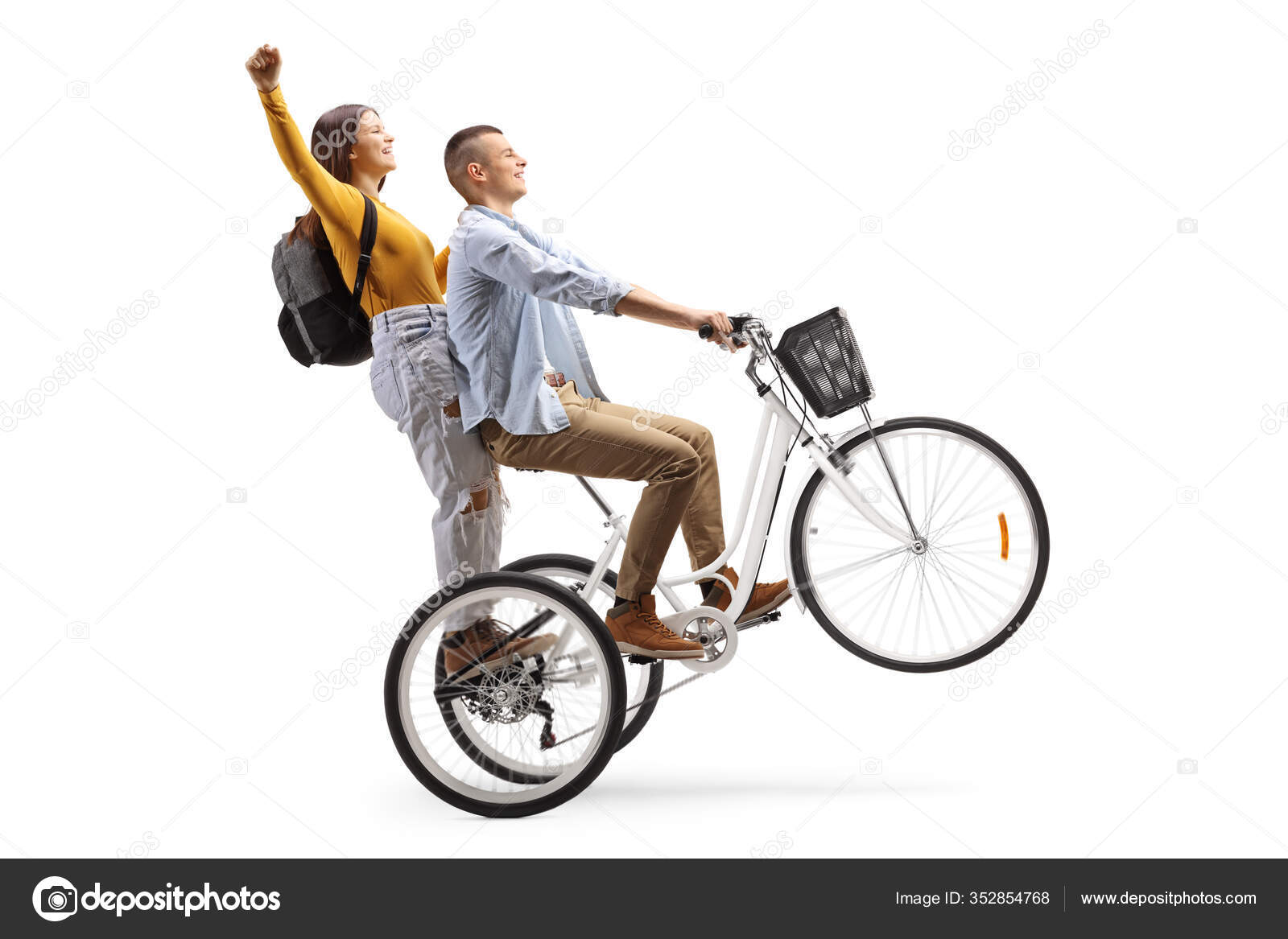 Students Riding Tricycle Gesturing Happiness Isolated White Background ...