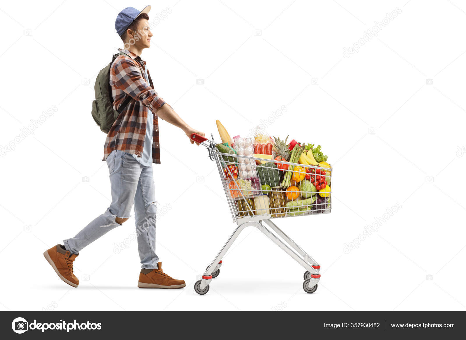 Full Length Profile Shot Male Student Food Shopping Cart Isolated Stock ...