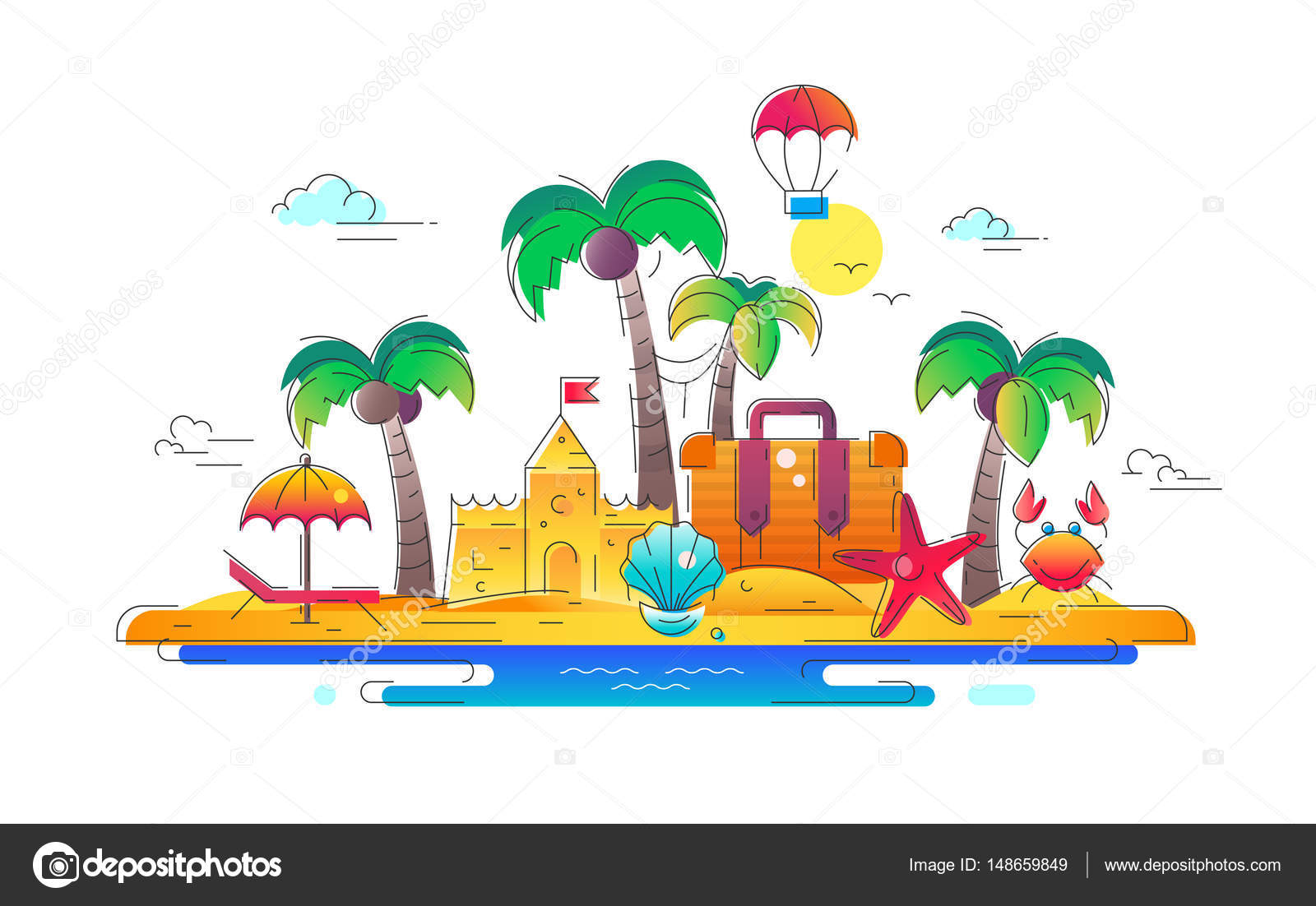 At the Seaside - vector line travel illustration Stock Vector Image by ...