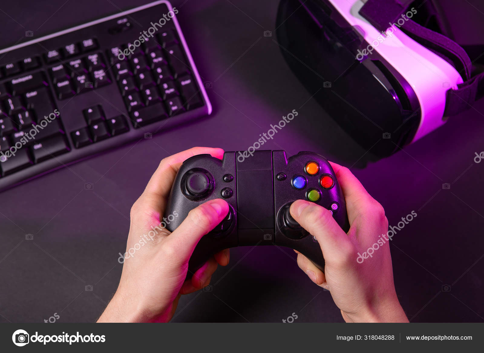 Man Hands Playing Computer Game Game Joystick Gamer Workspace Concept ...