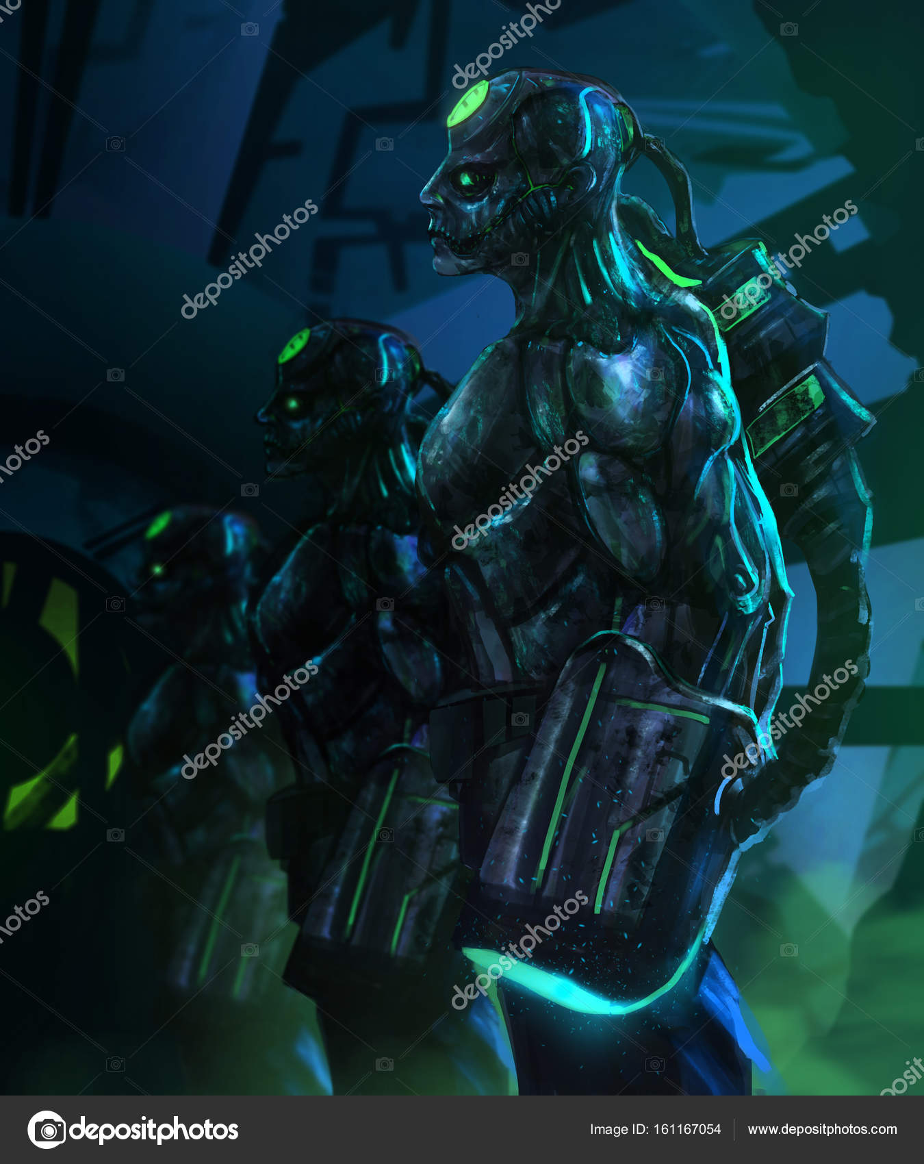 Robotic zombie armed soldiers standing with weapons. Stock Photo by ...
