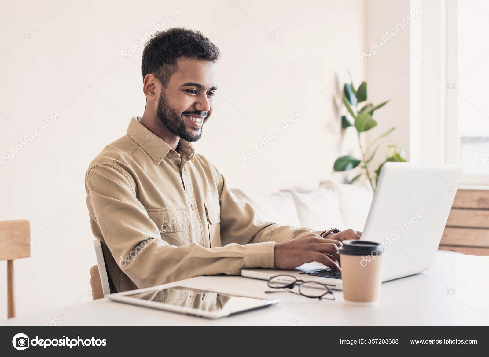 Man Student Working Computer Businessman Using Laptop Home Internet ...
